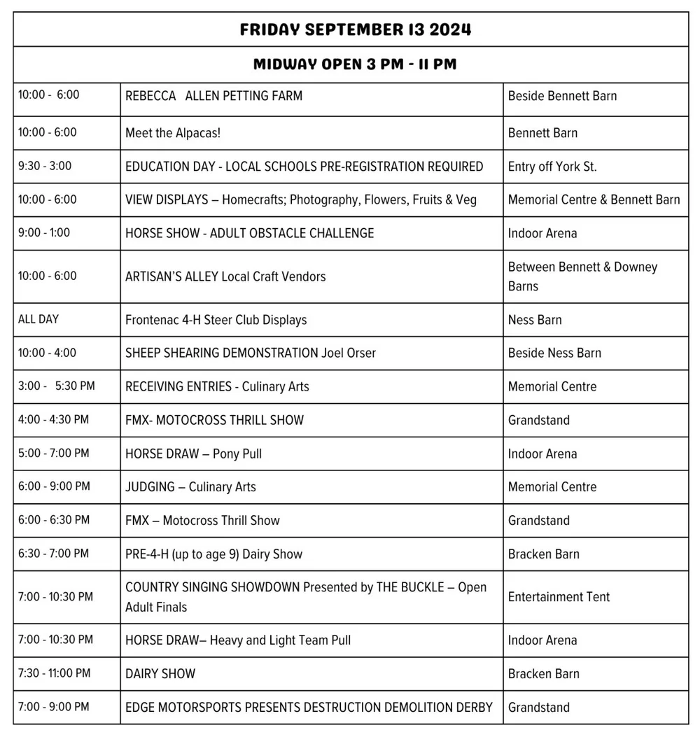 Daily Schedule — Kingston Fall Fair