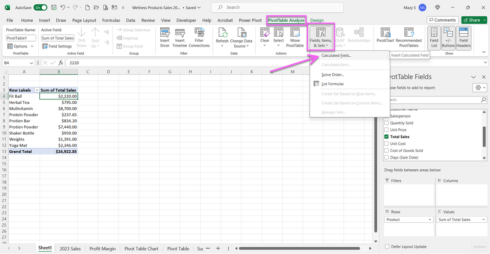 How to Add a Calculated Field to a Pivot Table in Excel — Sharon Smith ...
