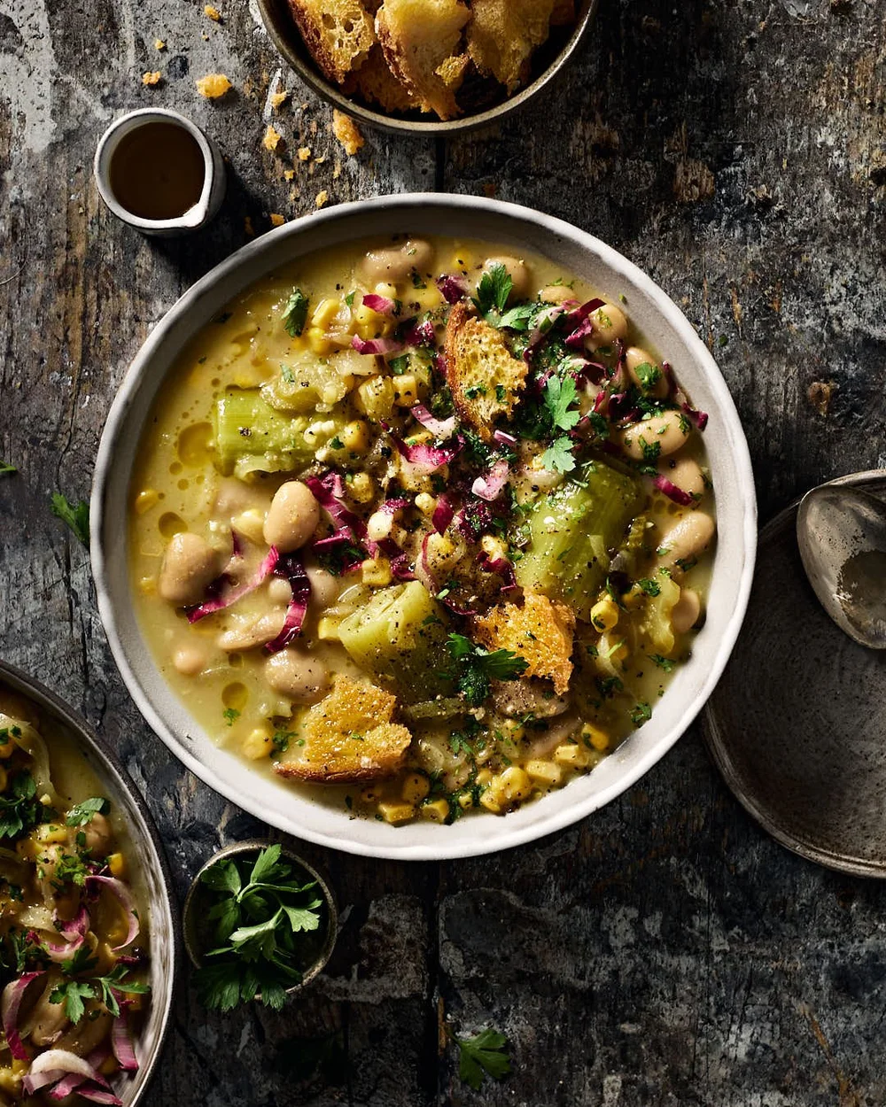 Buttered Leek, Sweetcorn & Chicory Soup With Giant Beans — GourmetGlow
