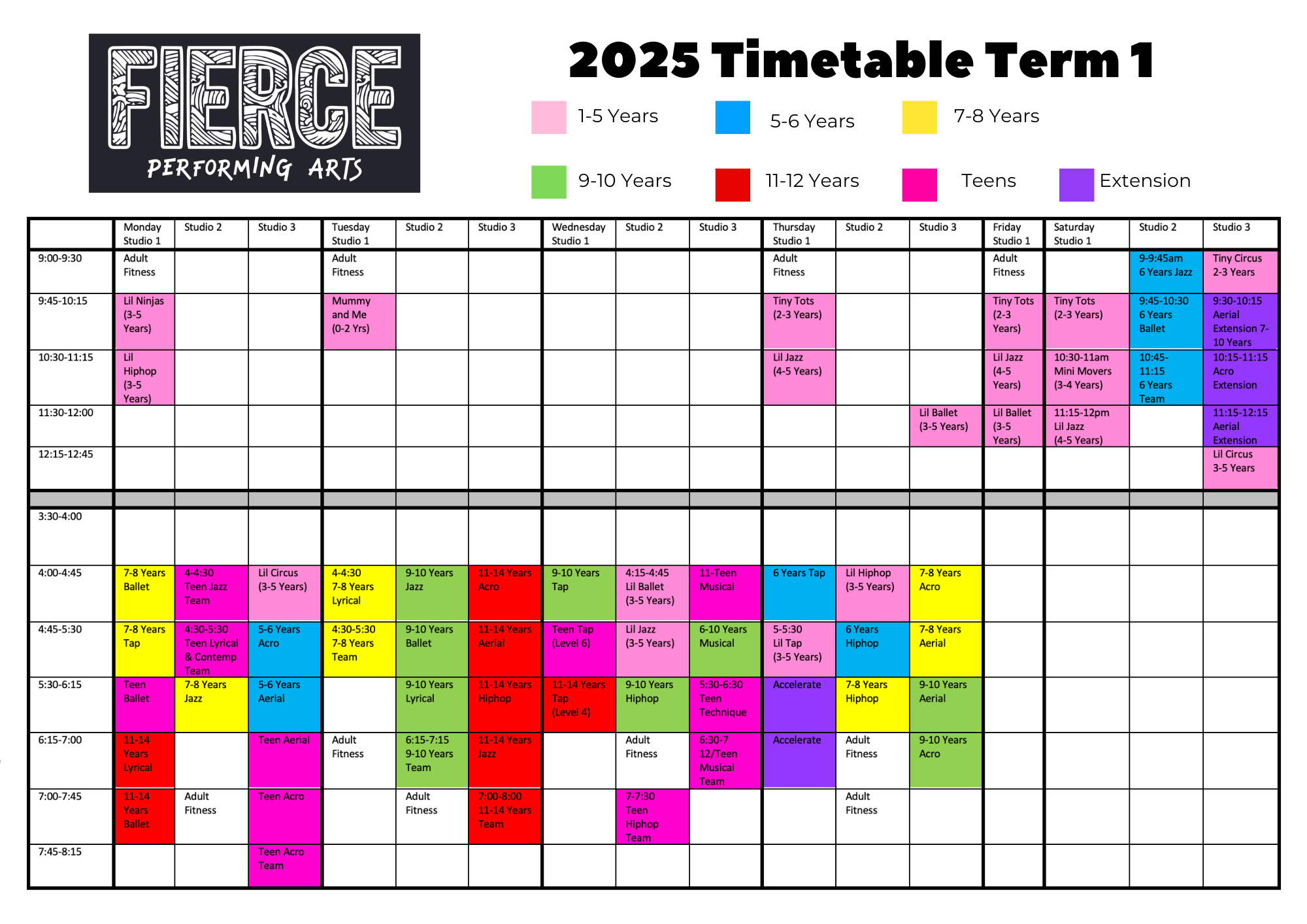 Timetable — Fierce Performing Arts - Dubbo