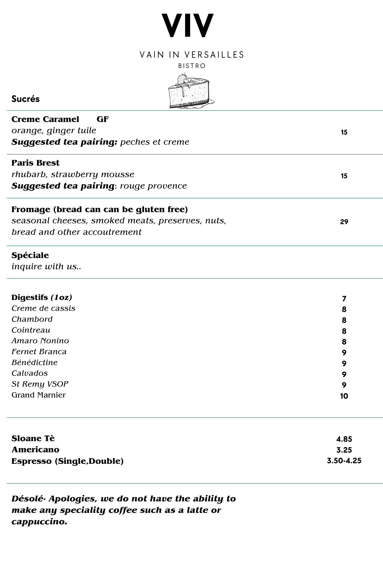 Conscious French Cuisine Menu — VIV