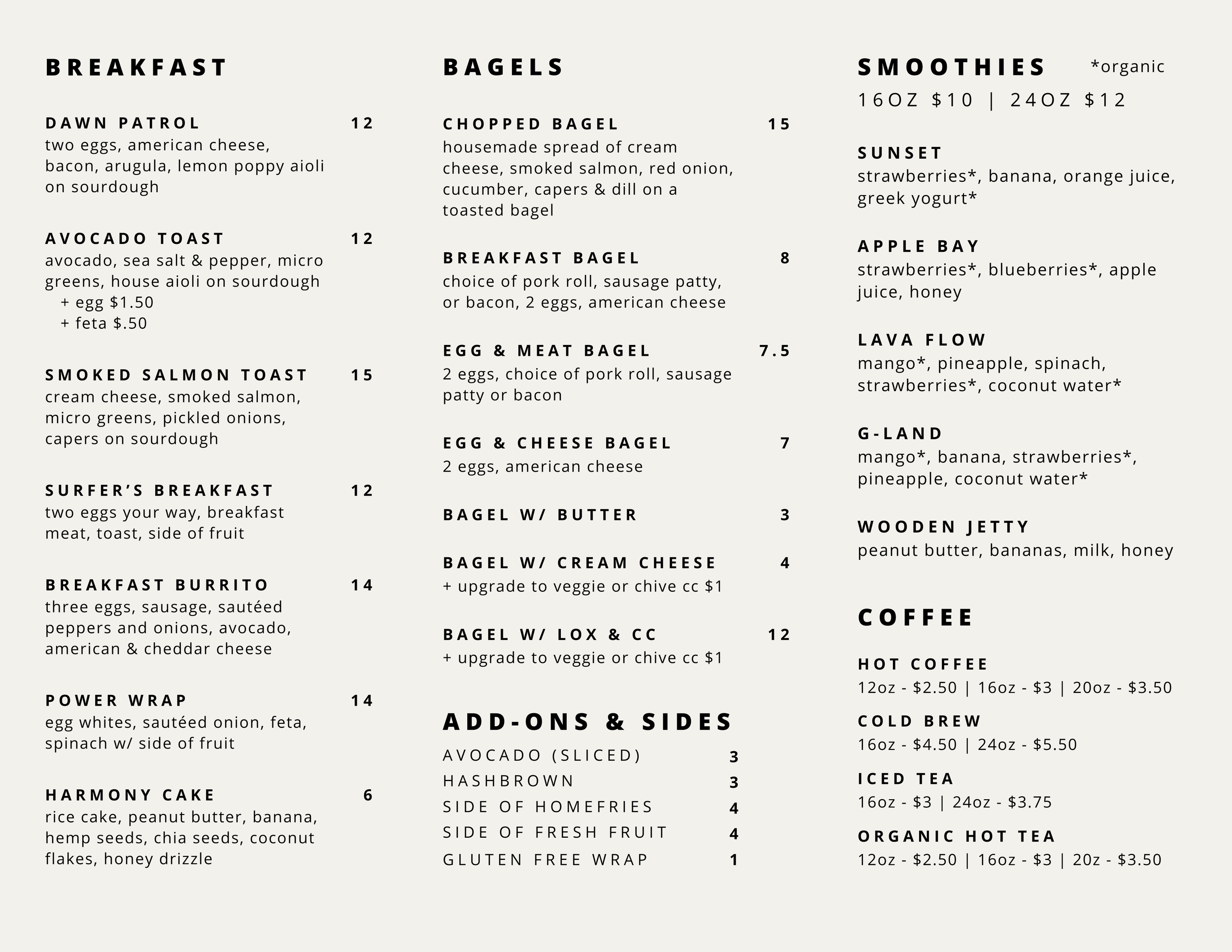 Menu 1 — the barrel surf cafe