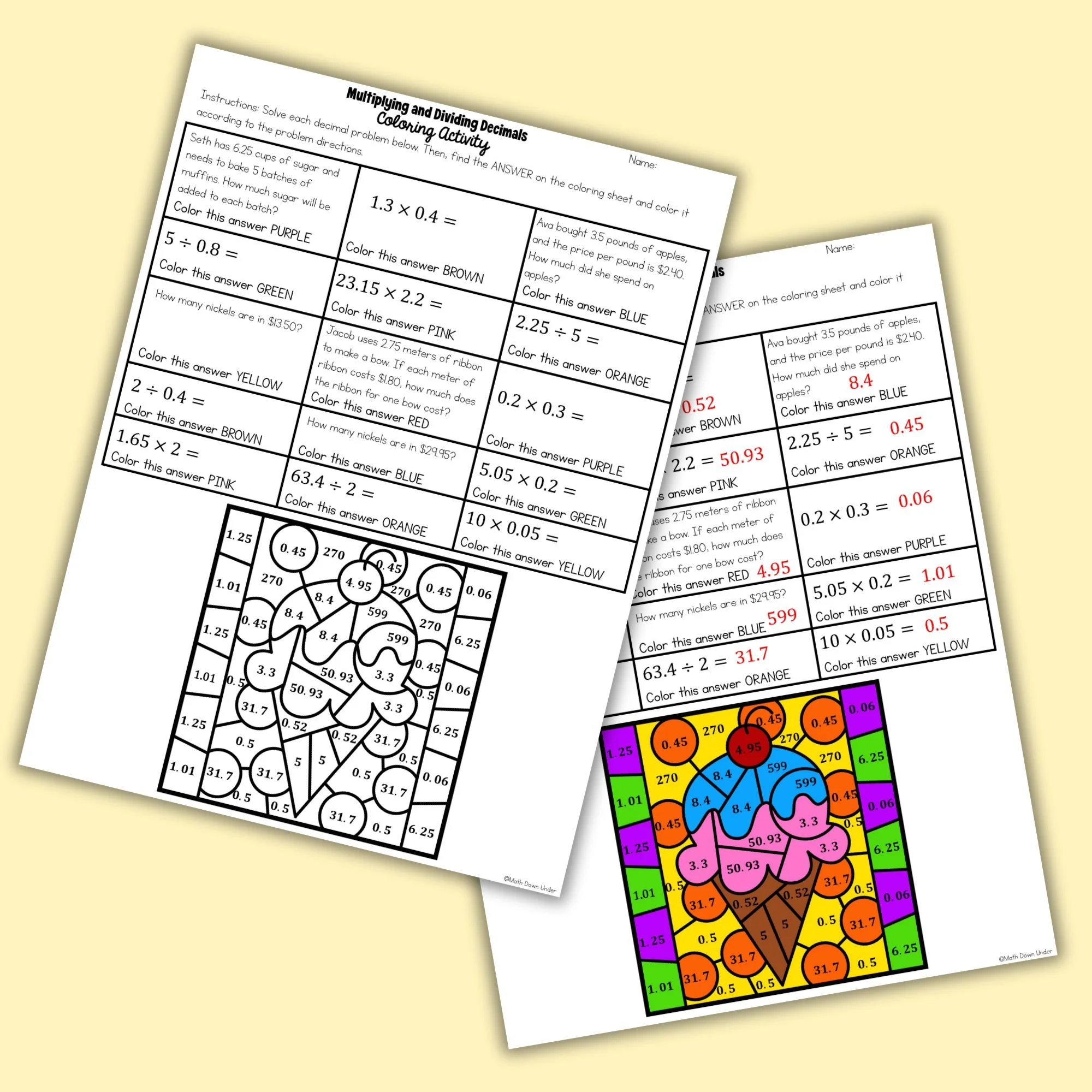 Multiplying & Dividing Decimals Coloring Activity 6NS.B3 — Math Down Under
