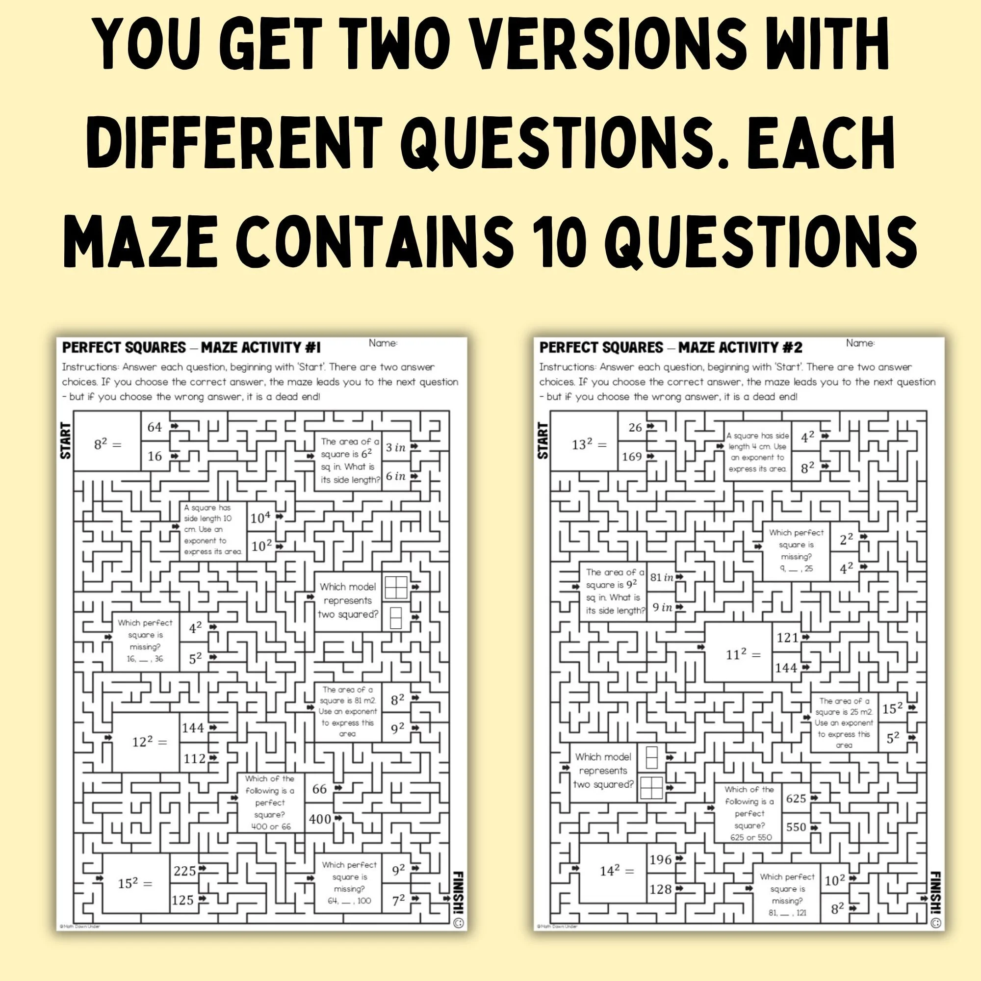 Perfect Squares - Multiple Choice Mazes | 6th Grade Math Activity ...