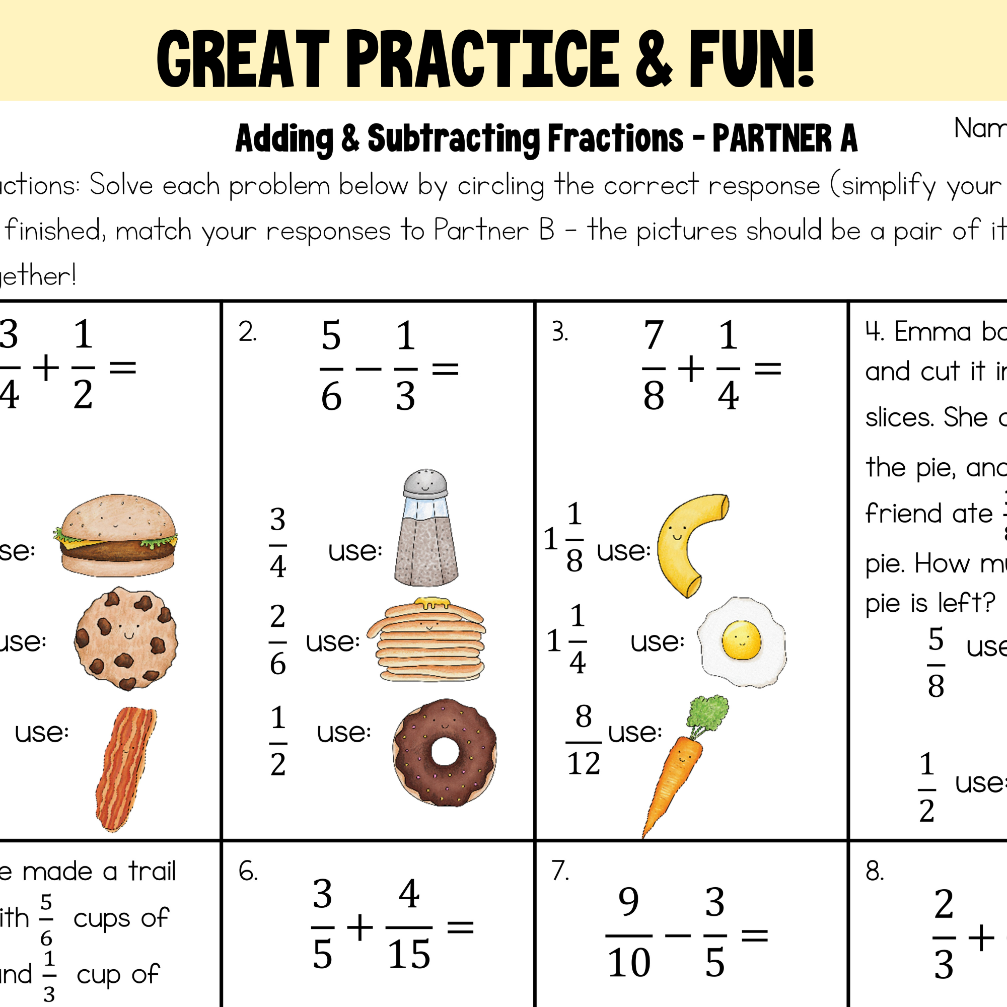 Adding and Subtracting Fractions - "Perfect Pair" Partner Activity | 5.NF.A1 — Math Down Under