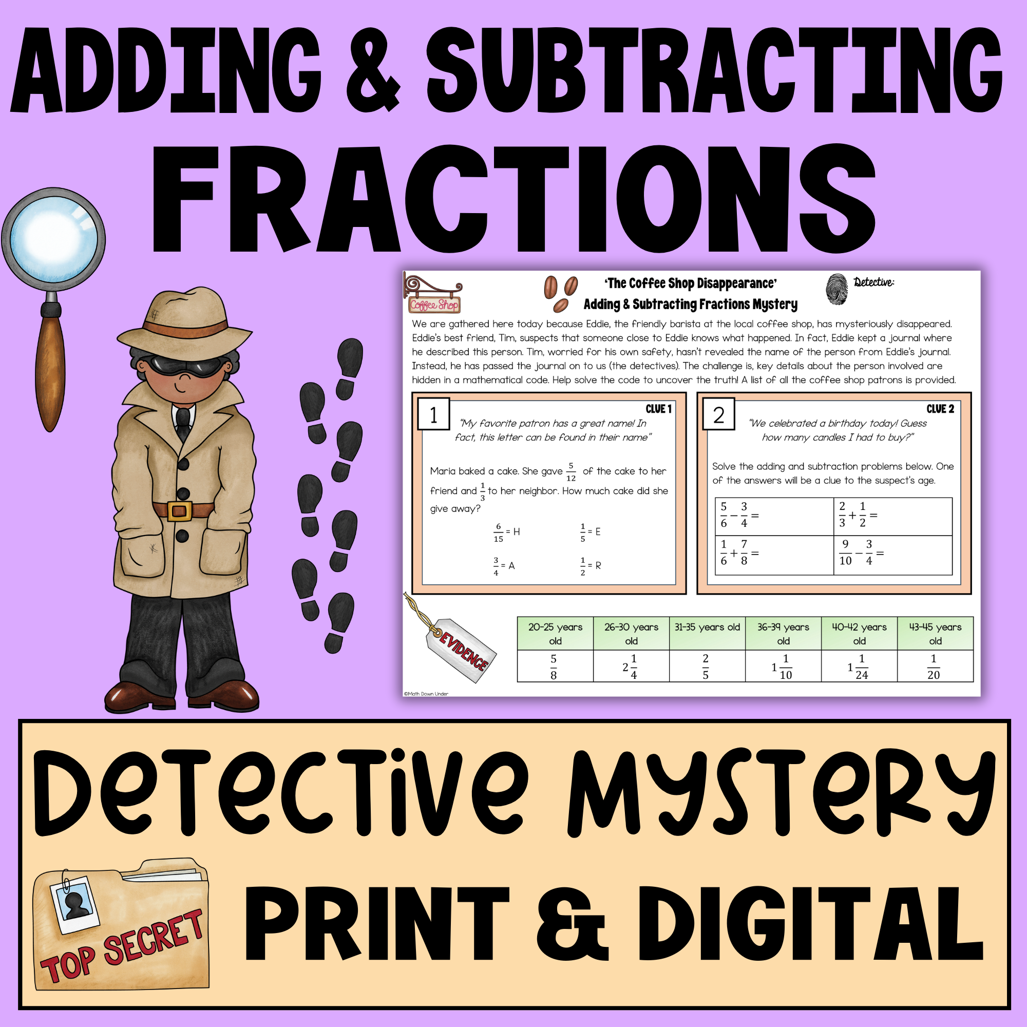 Adding and Subtracting Fractions - Detective Mystery Activity | Print ...