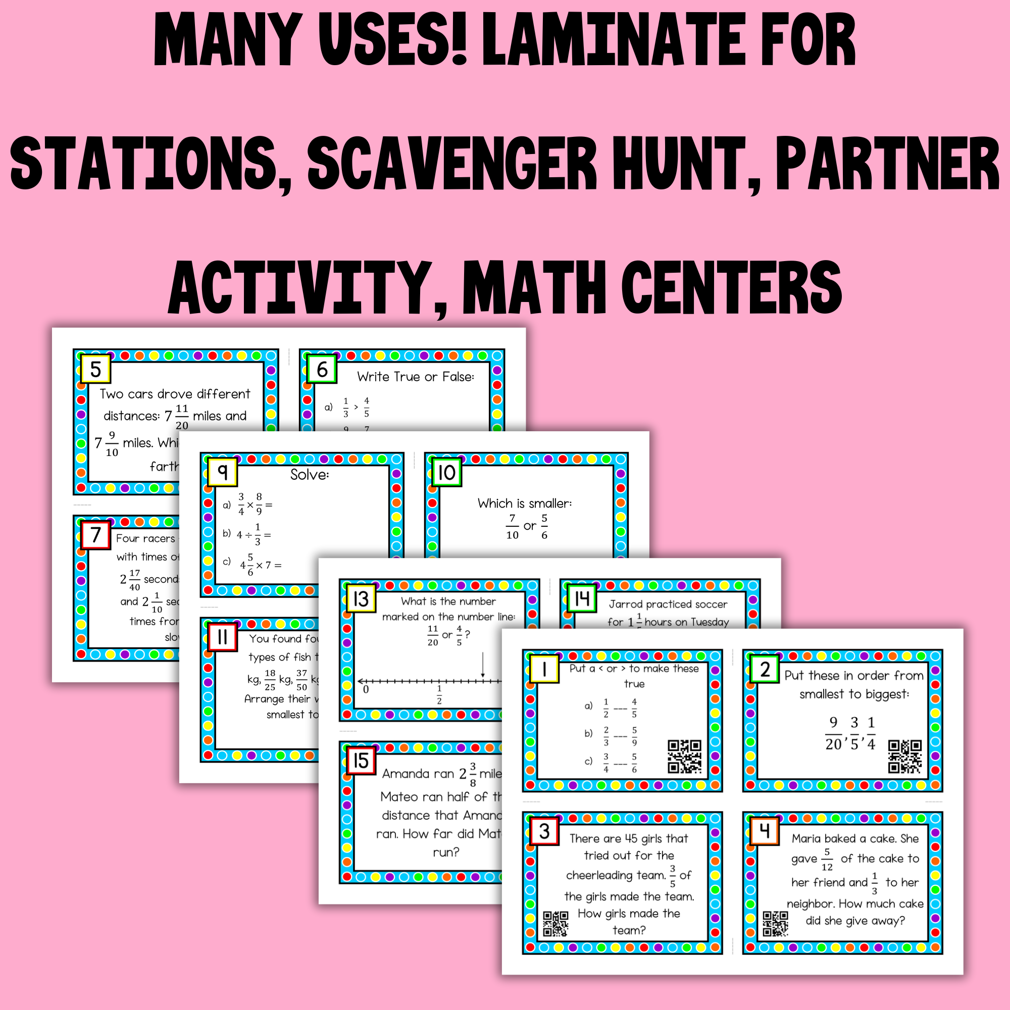 Fraction Operations Task Cards - Compare, Add, Subtract, Multiply ...