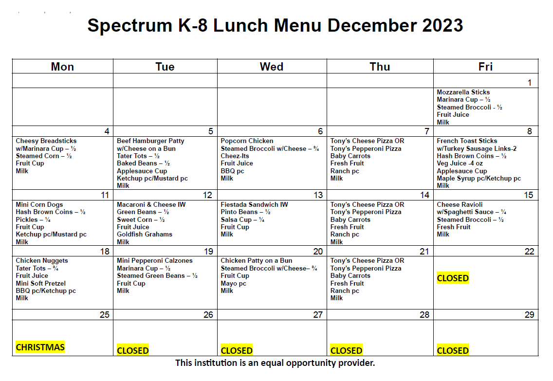 Lunch Program & Menus — Spectrum