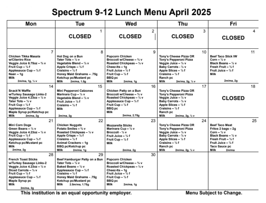 Lunch Program & Menus — Spectrum Growth