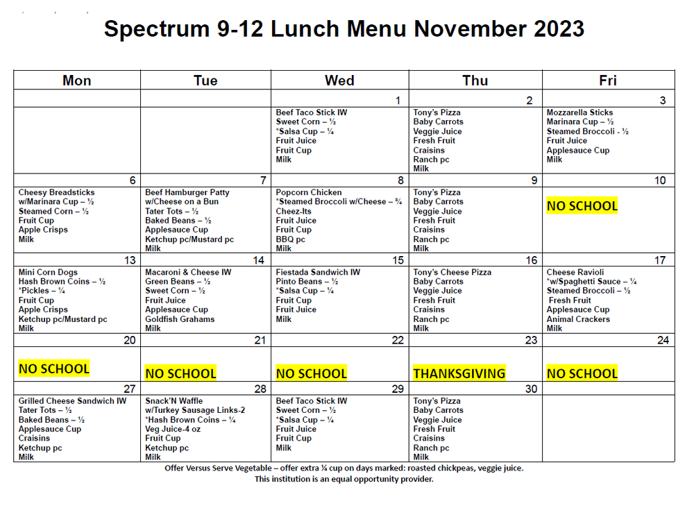 Lunch Program & Menus — Spectrum