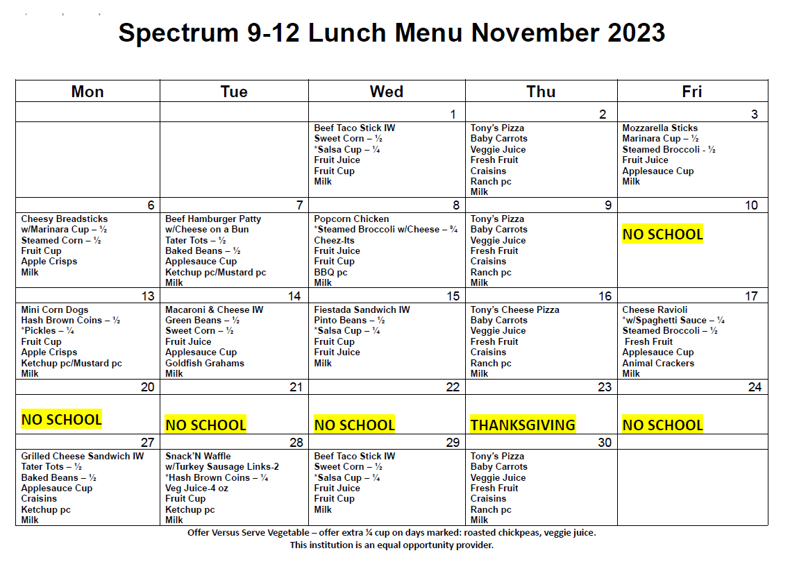 Lunch Program & Menus — Spectrum