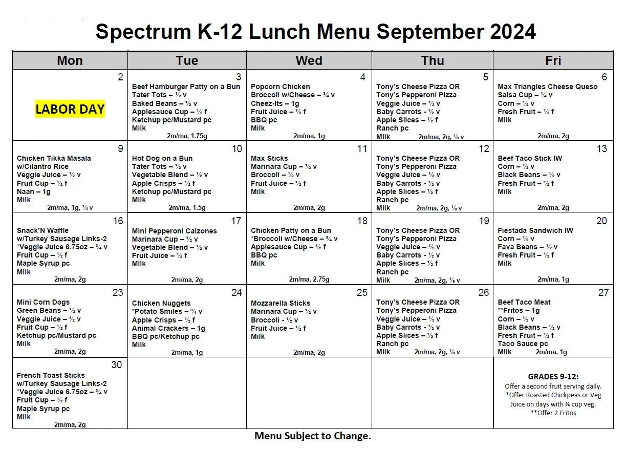 Lunch Program & Menus — Spectrum