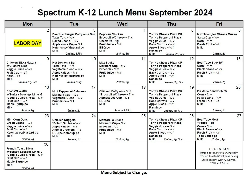 Lunch Program & Menus — Spectrum