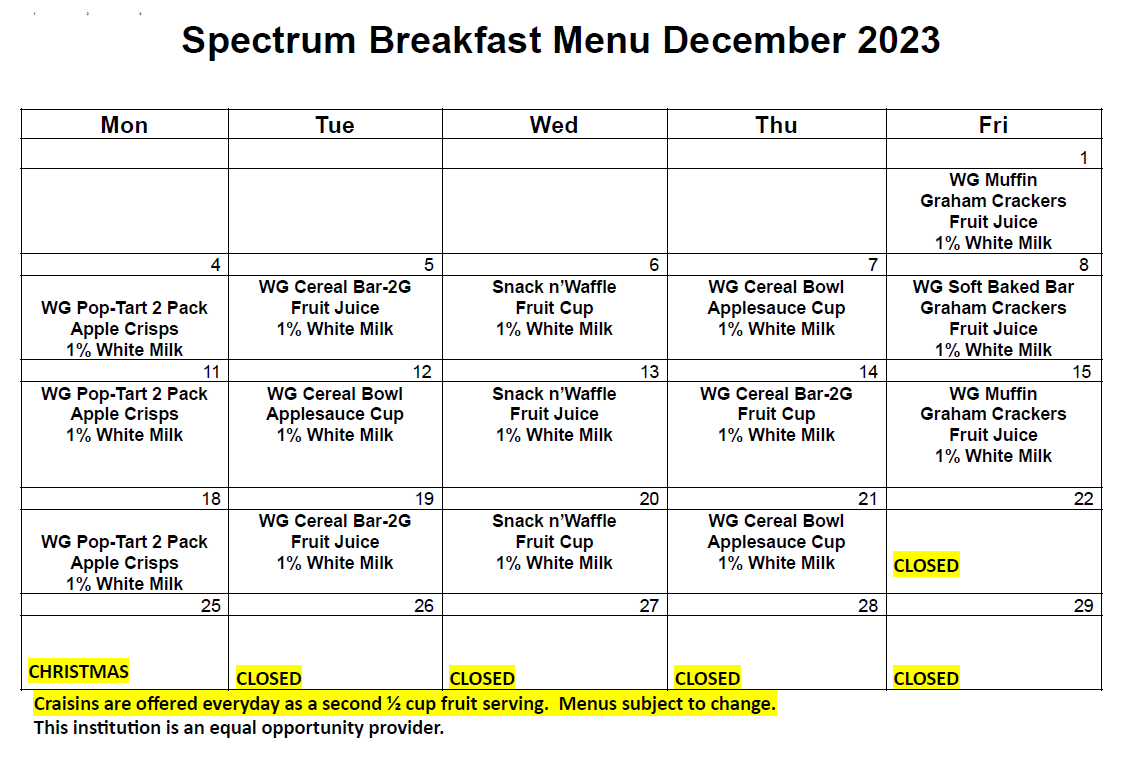 Lunch Program & Menus — Spectrum