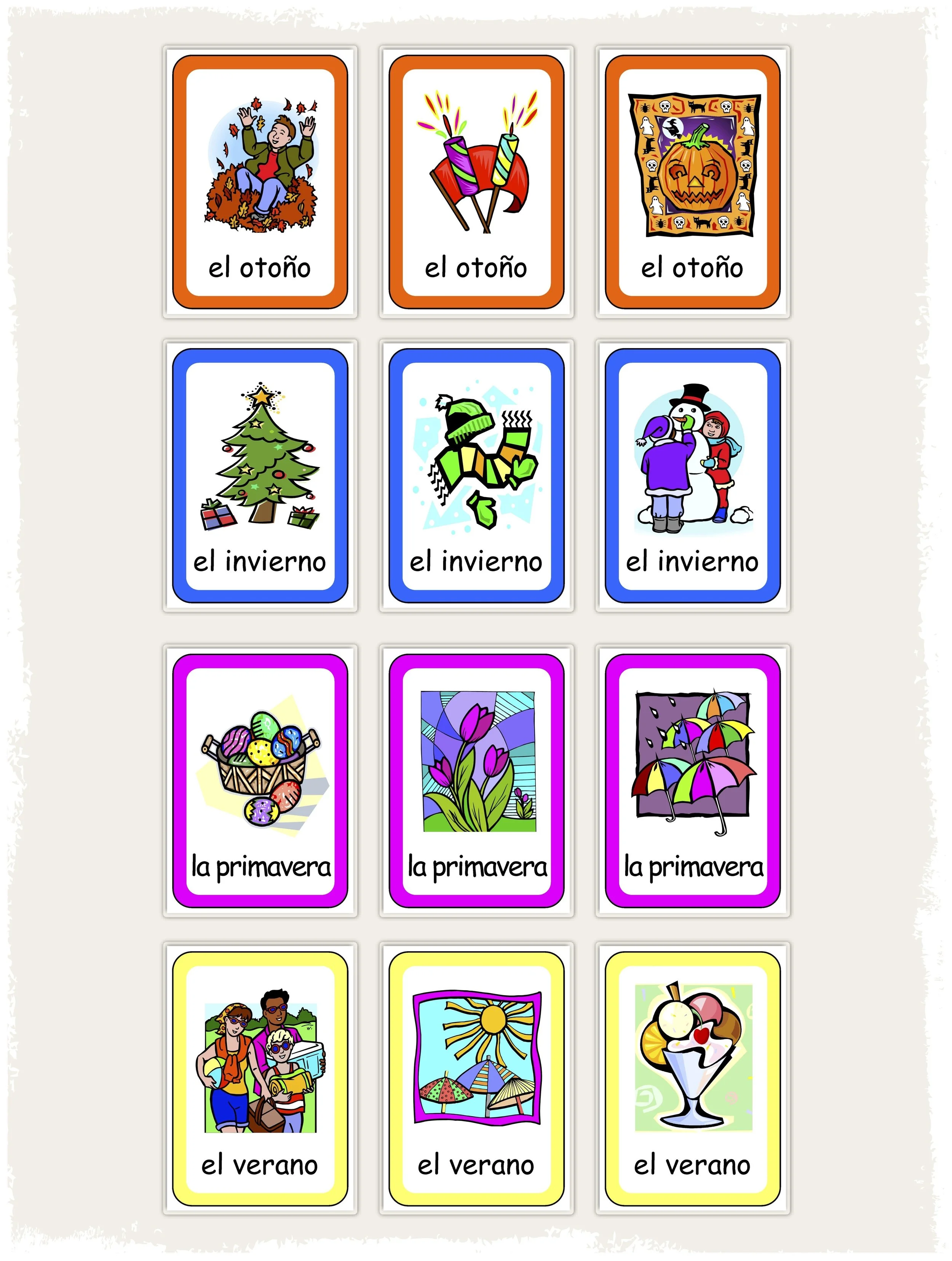 Spanish Seasons Flashcards — working walls