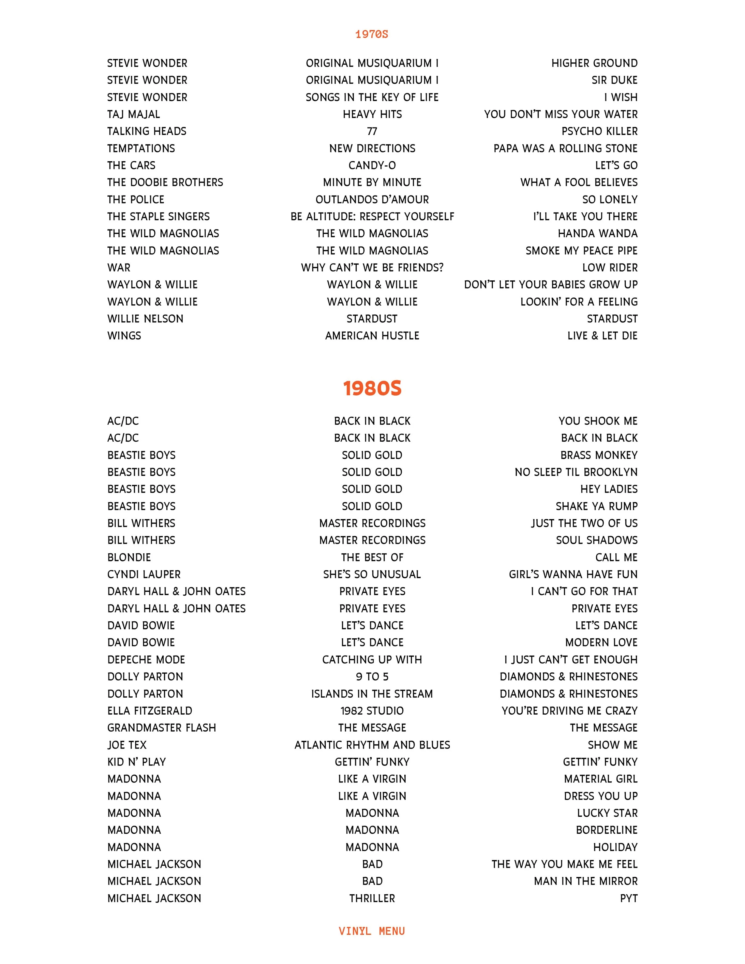 TRB Menu — Tokyo Record Bar