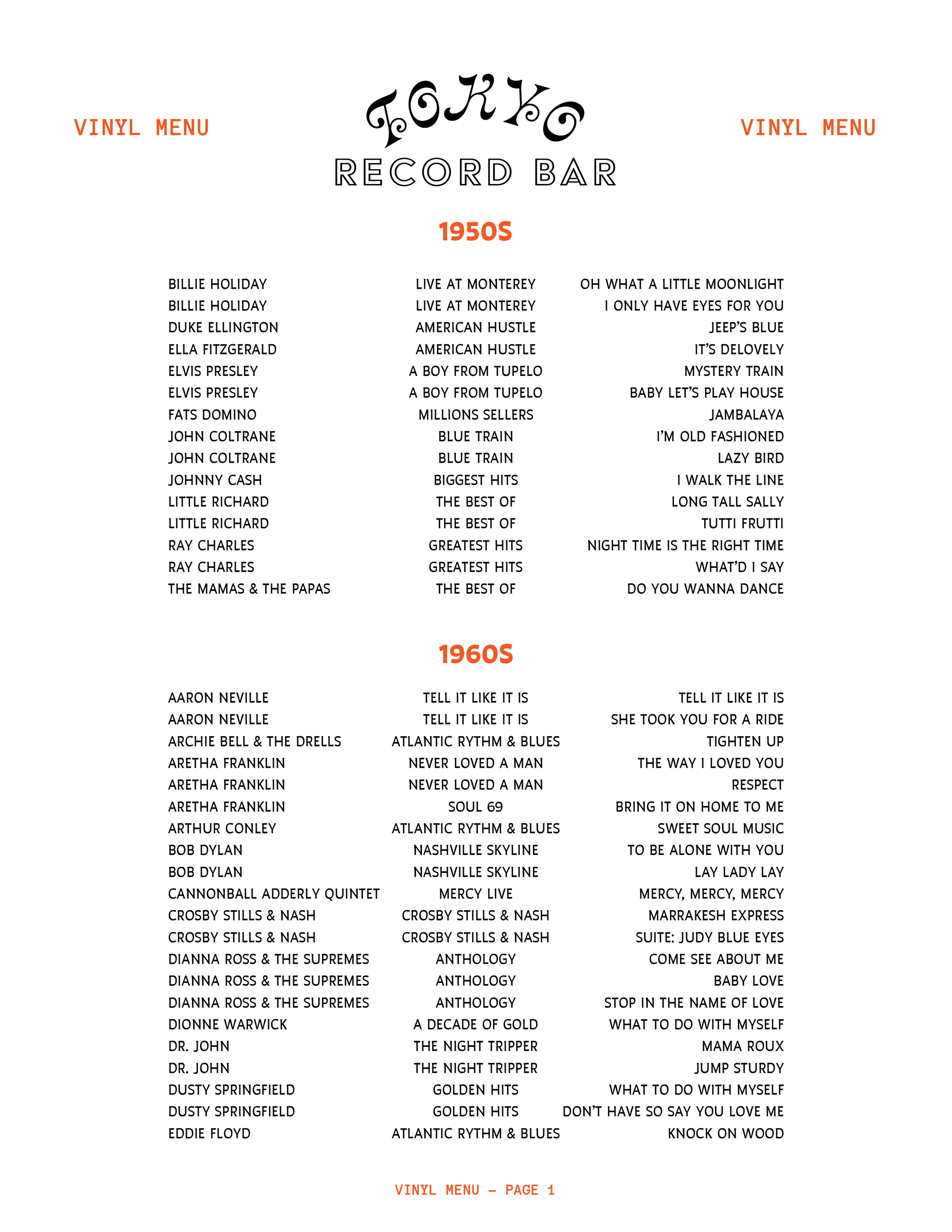 Tokyo Record Bar Menu — Tokyo Record Bar