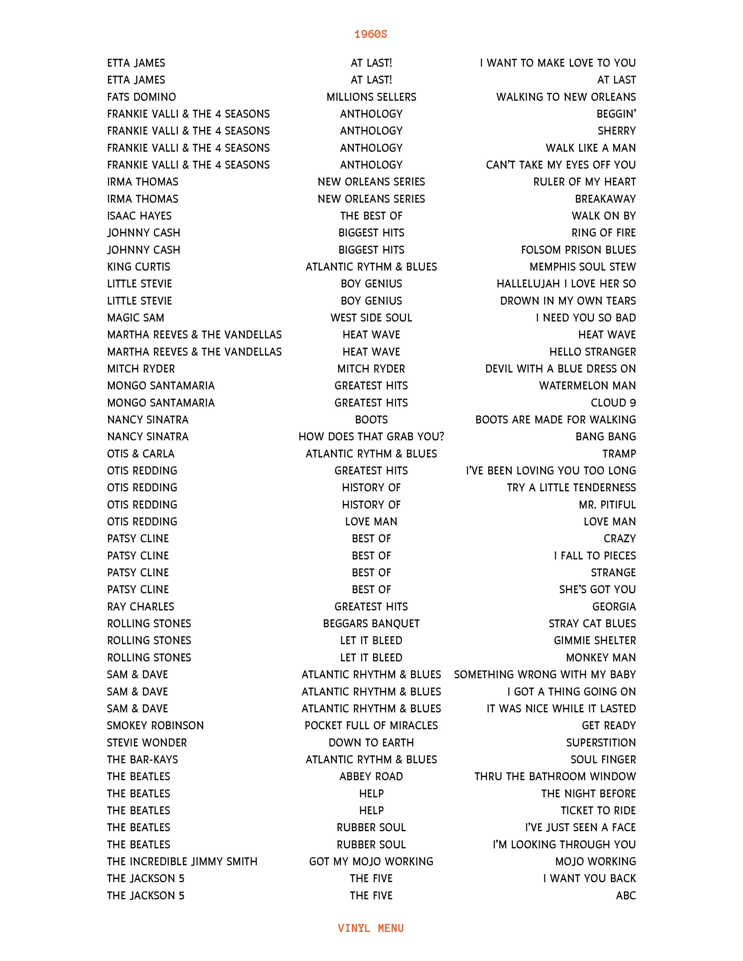 TRB Menu — Tokyo Record Bar