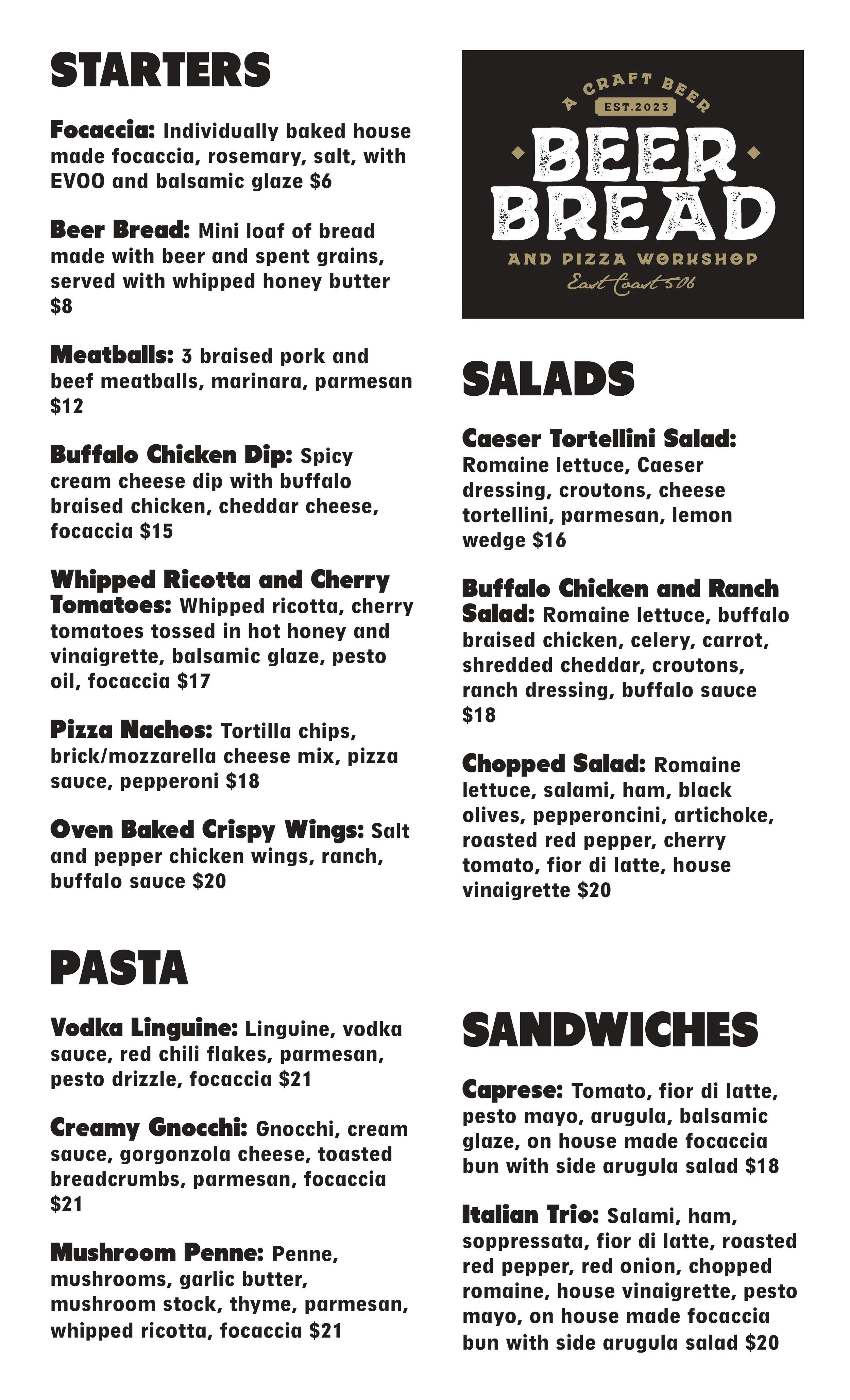 Menu — Beer Bread Pizza