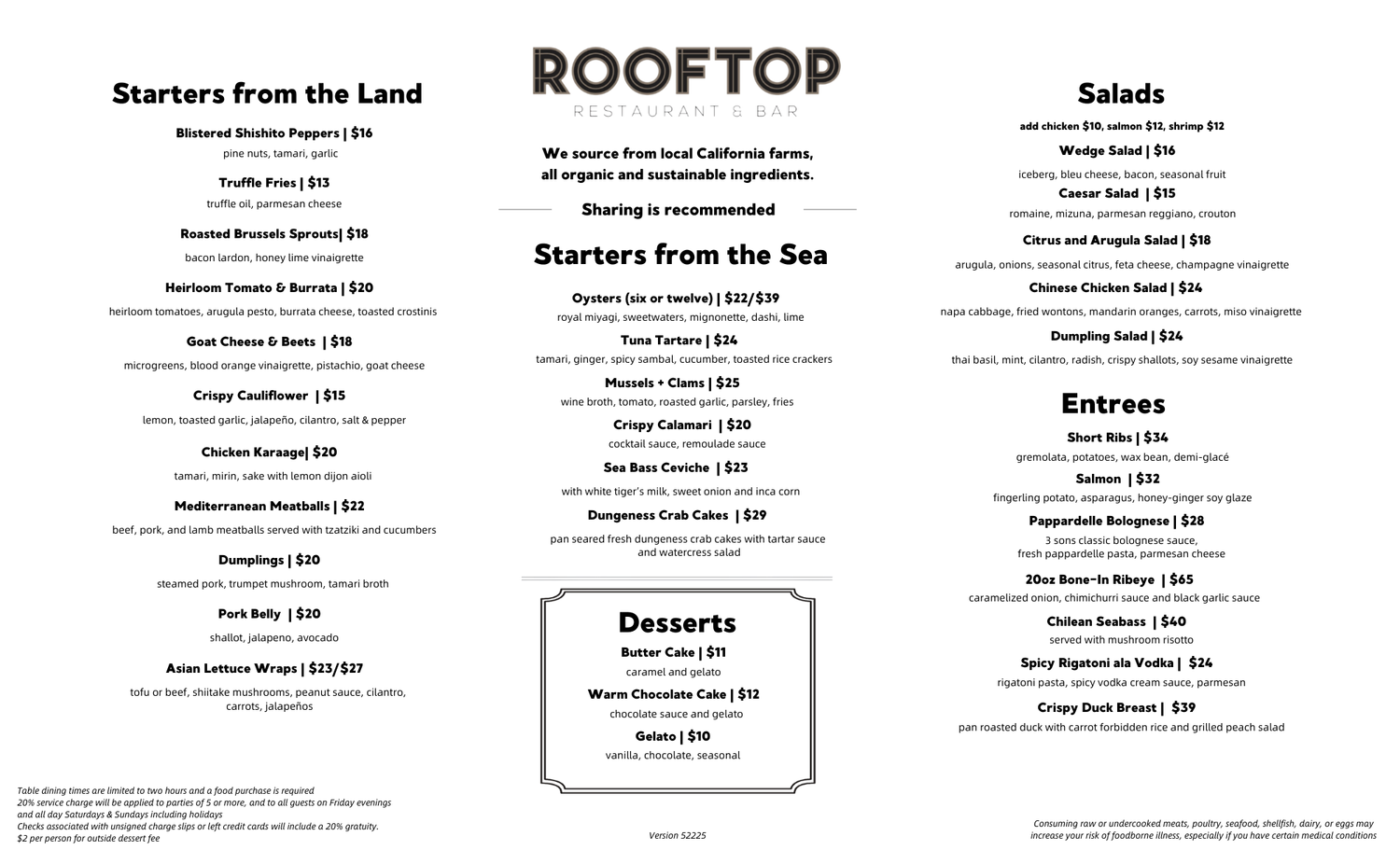 Menu 1 — The Rooftop | Restaurant & Bar