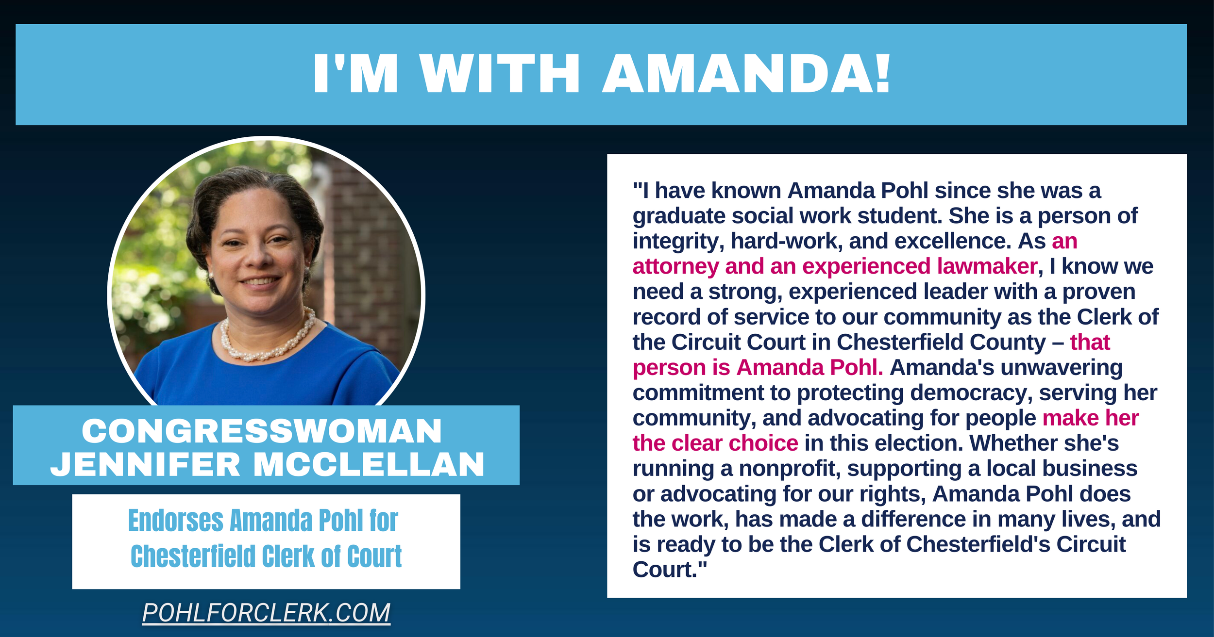 Congresswoman Jennifer McClellan — Pohl for Clerk in Chesterfield