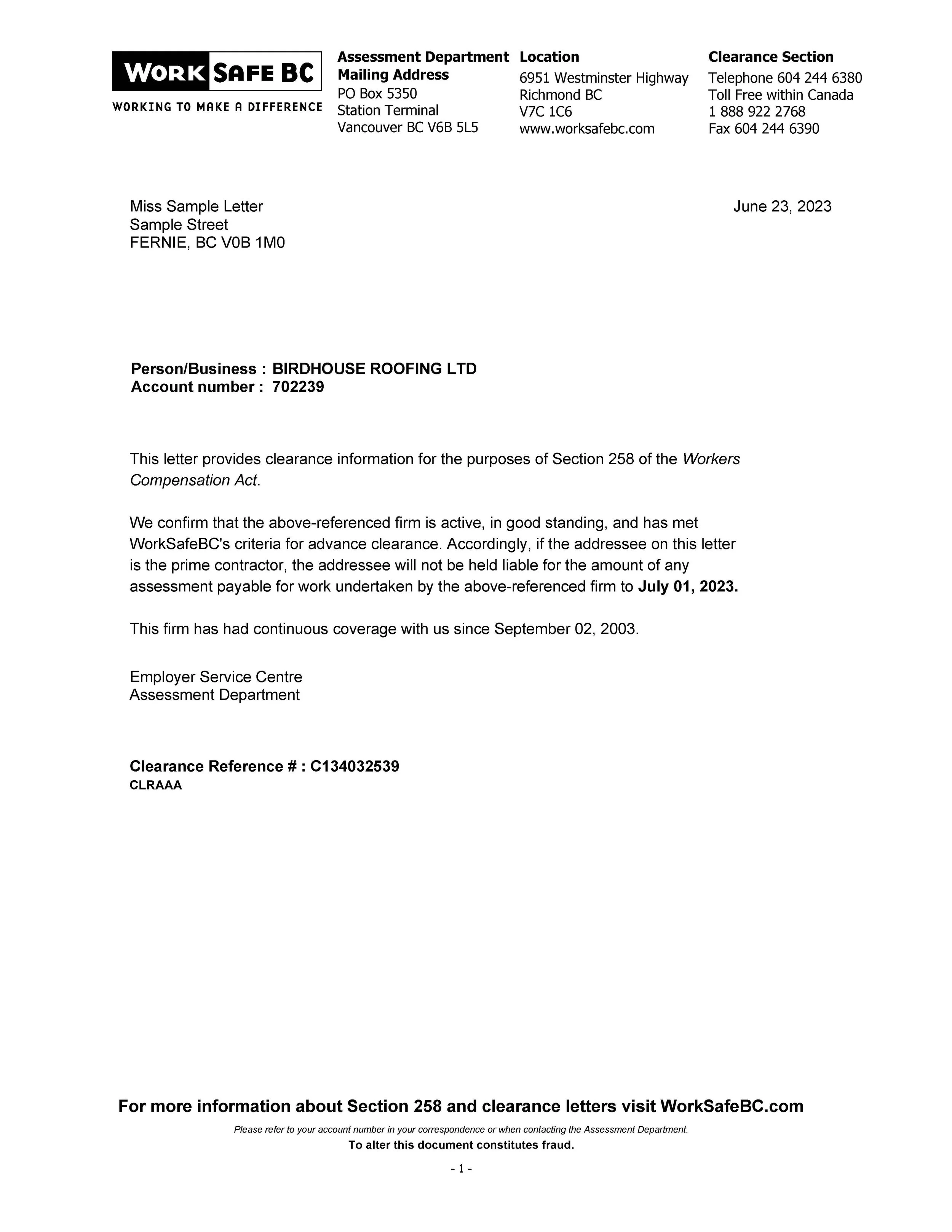 WorkSafeBC — Birdhouse Roofing LTD