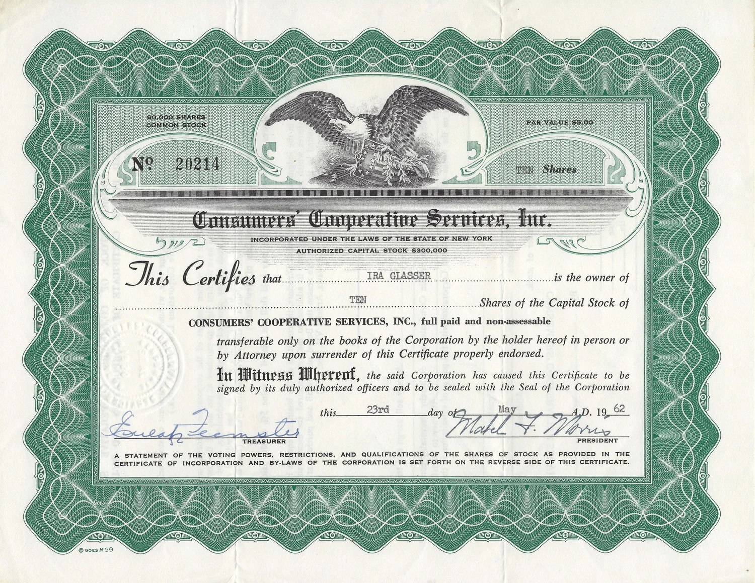 Original Stock Certificate (1962) — Penn South Social Services
