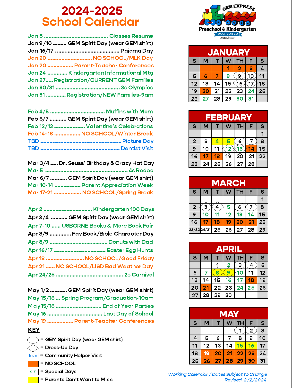 Academic Calendar — GEM Express Preschool & Kindergarten