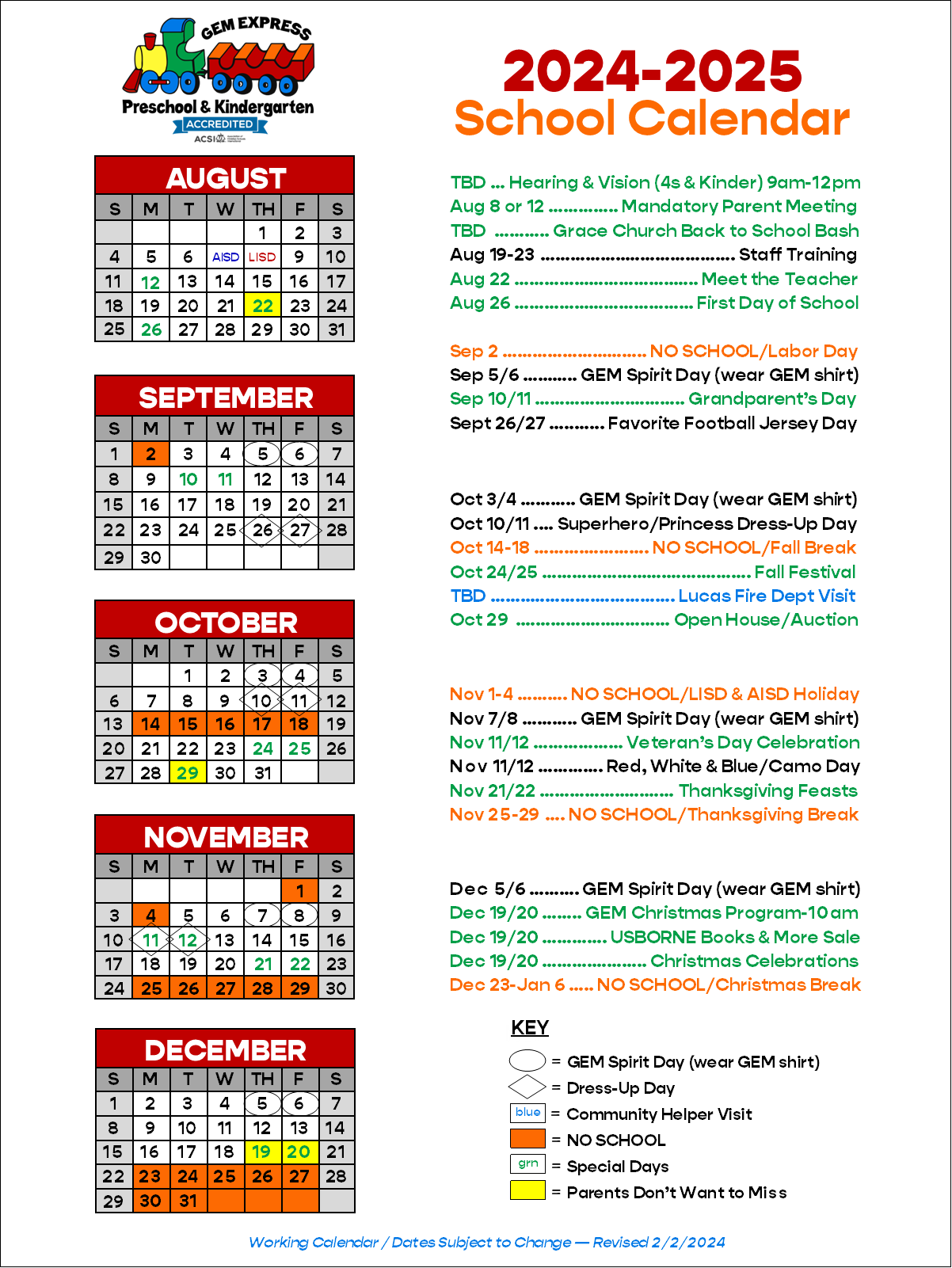 Academic Calendar — GEM Express Preschool & Kindergarten