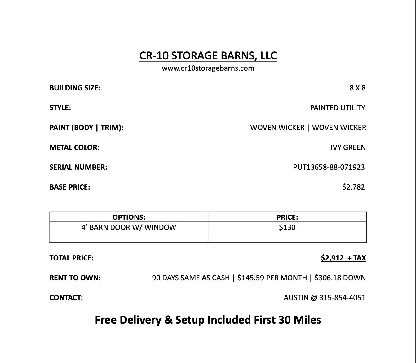 Inventory — CR-10 Storage Barns, LLC