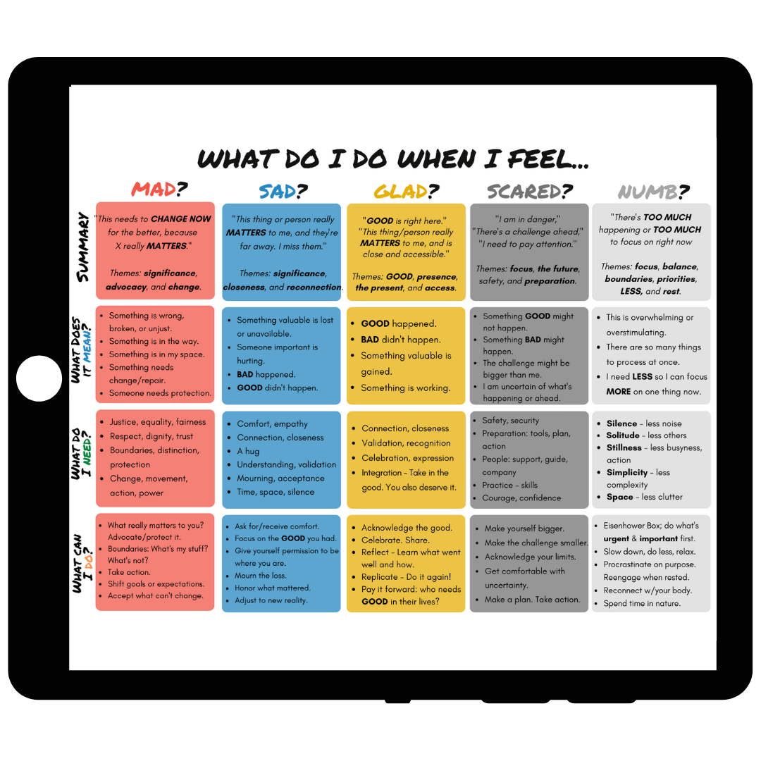 The BIG 5 Feelings Chart - What to do with MAD, SAD, GLAD, SCARED, or NUMB