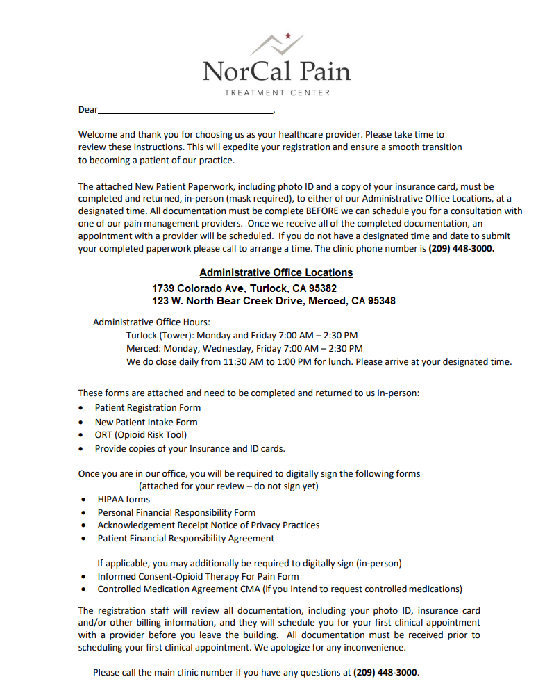 Intake Form — NorCal Pain Treatment Center