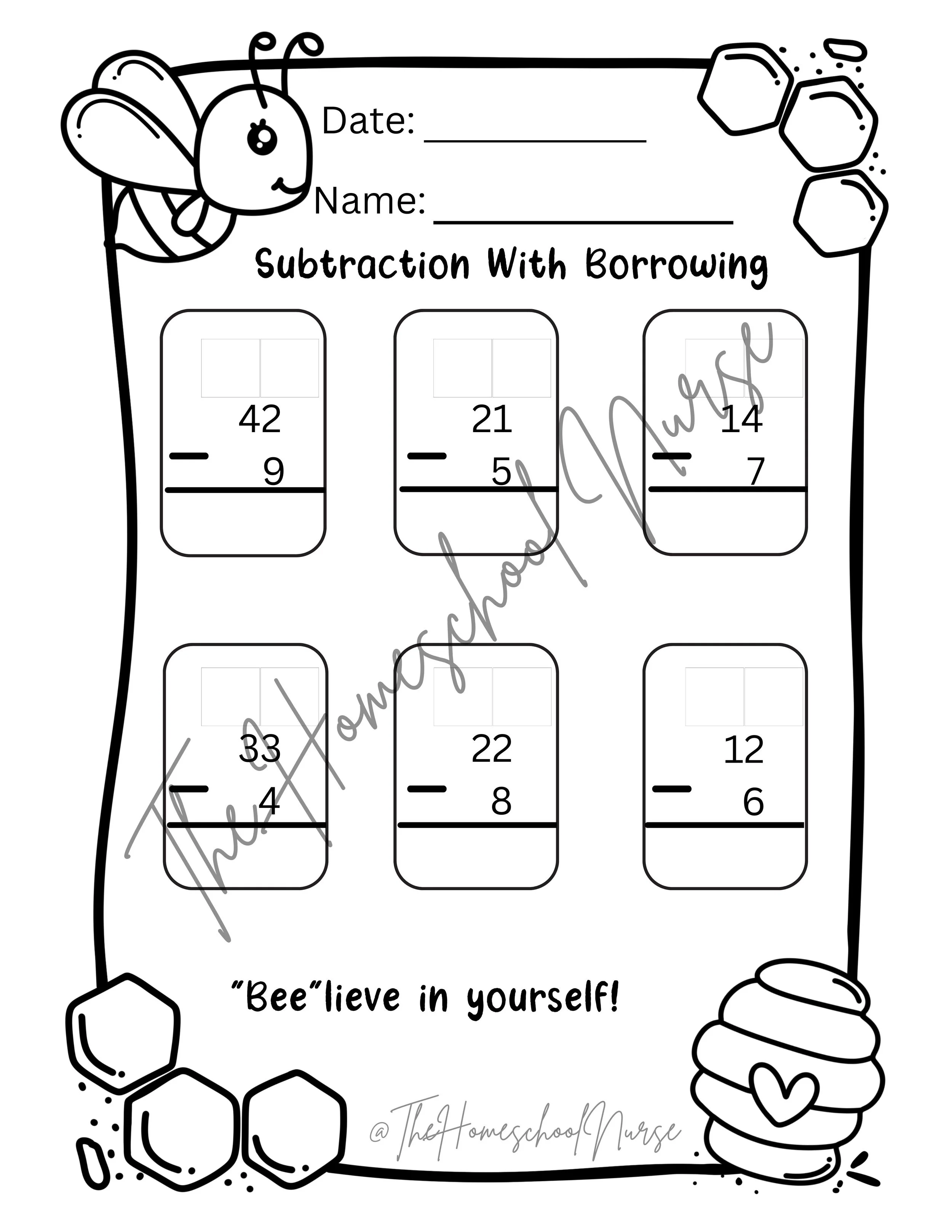 Bee Subtraction With Borrowing- Freebie — The Homeschool Nurse