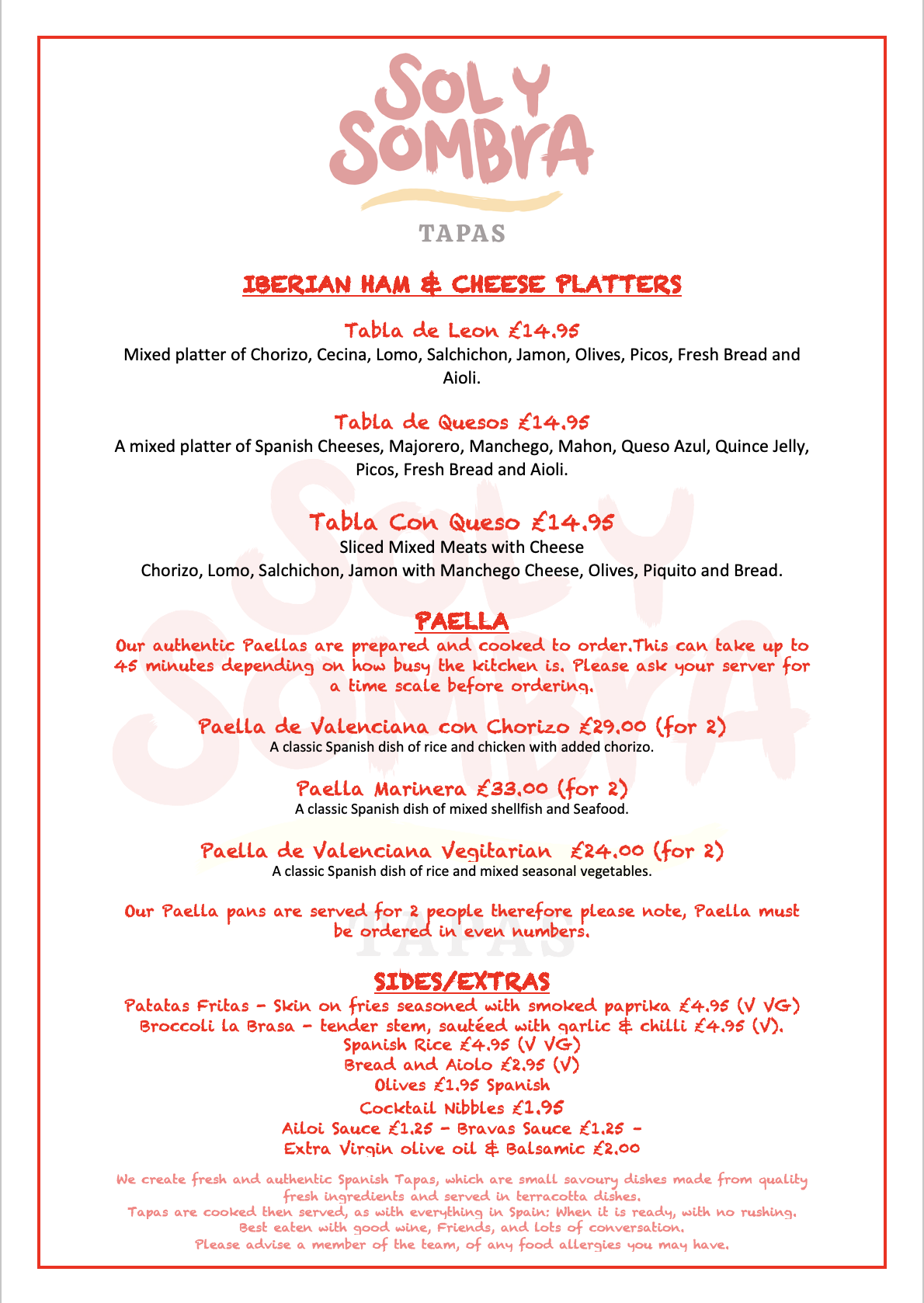 Menu — Sol y Sombra Tapas