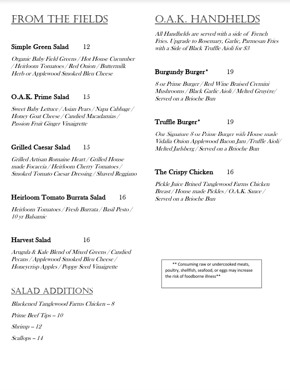MENU — O.A.K. Prime Kitchen and Bar