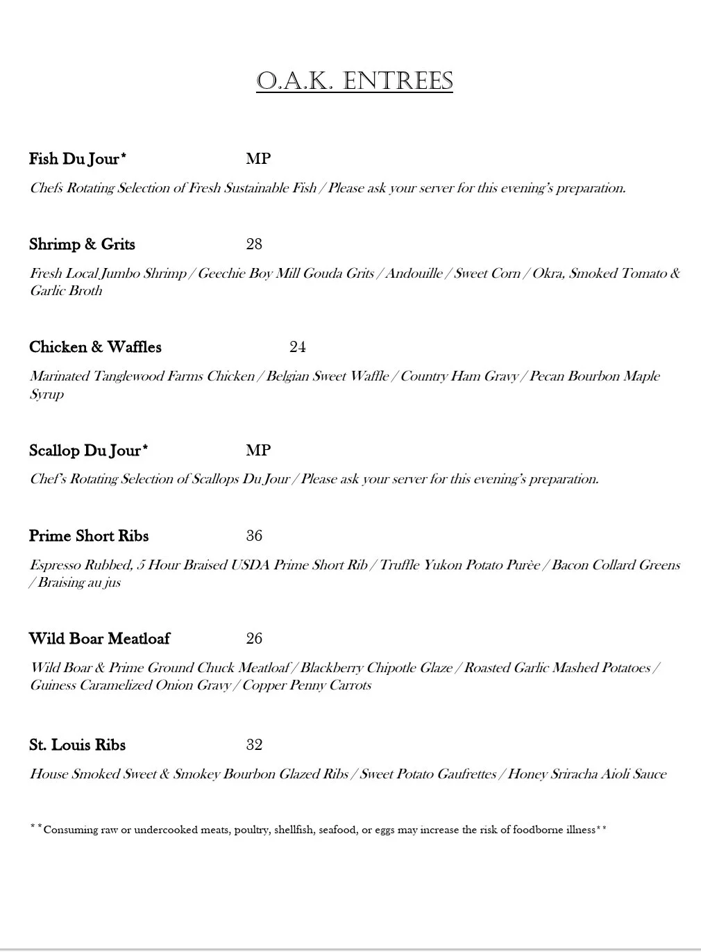 MENU — O.A.K. Prime Kitchen and Bar