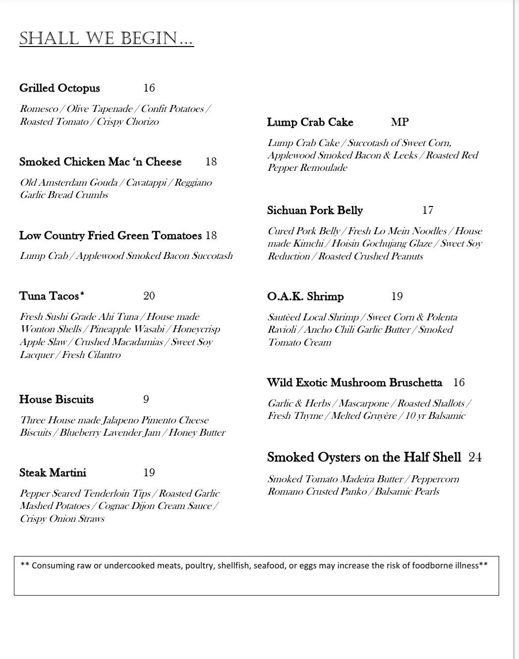 MENU — O.A.K. Prime Kitchen and Bar