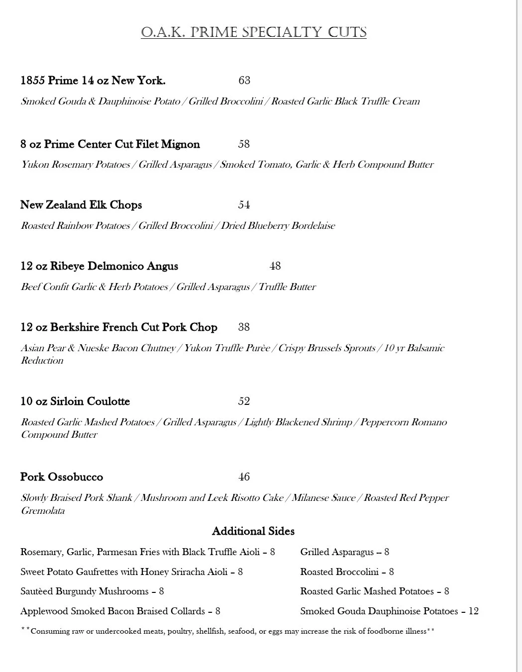 MENU — O.A.K. Prime Kitchen and Bar