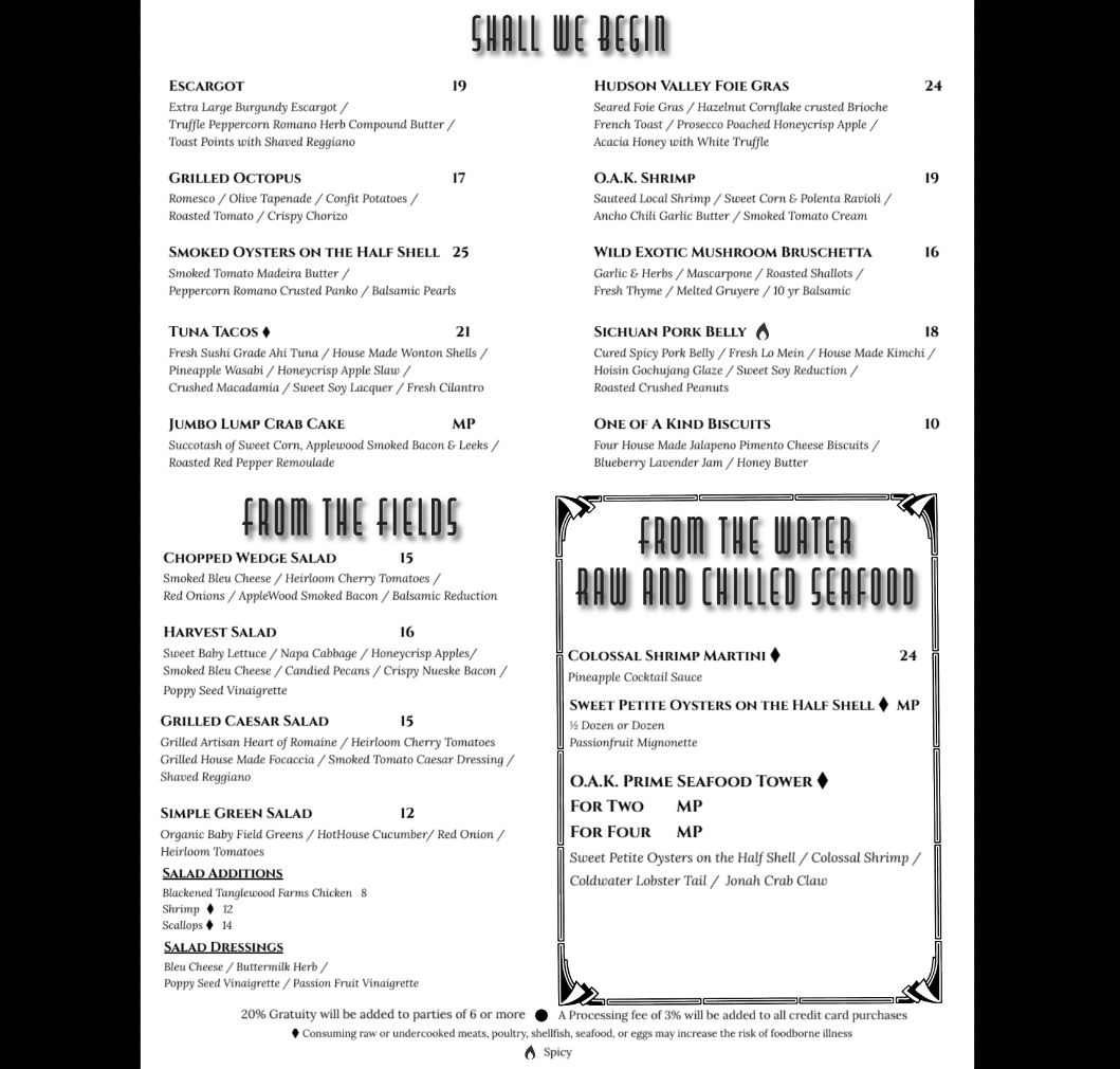 MENU — O.A.K. Prime Kitchen and Bar