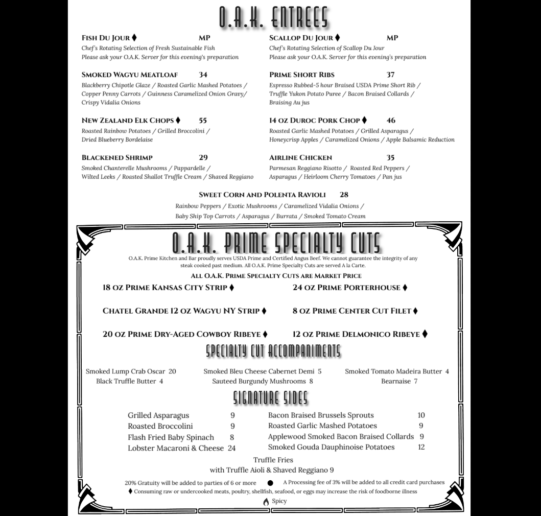 MENU — O.A.K. Prime Kitchen and Bar