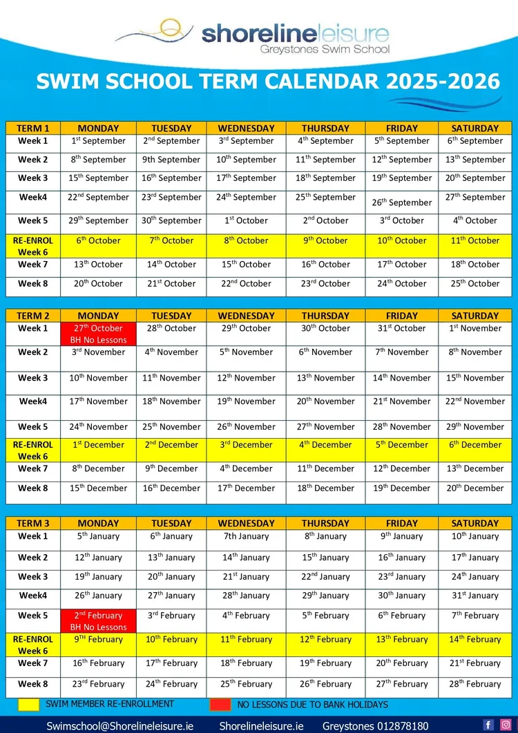 Greystones Swim School Calendar — Shoreline Leisure