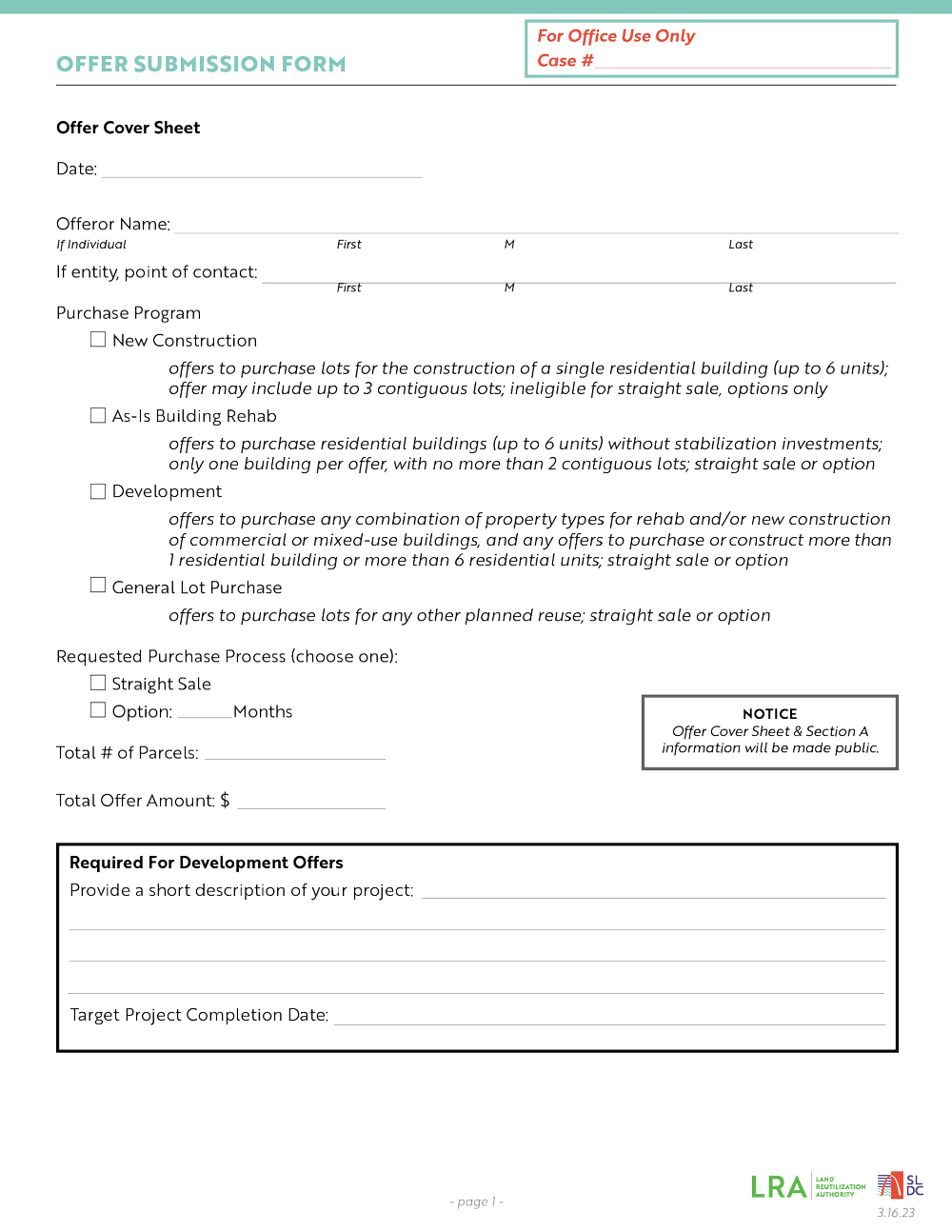 Offer to Purchase — LRA, Land Reutilization Authority