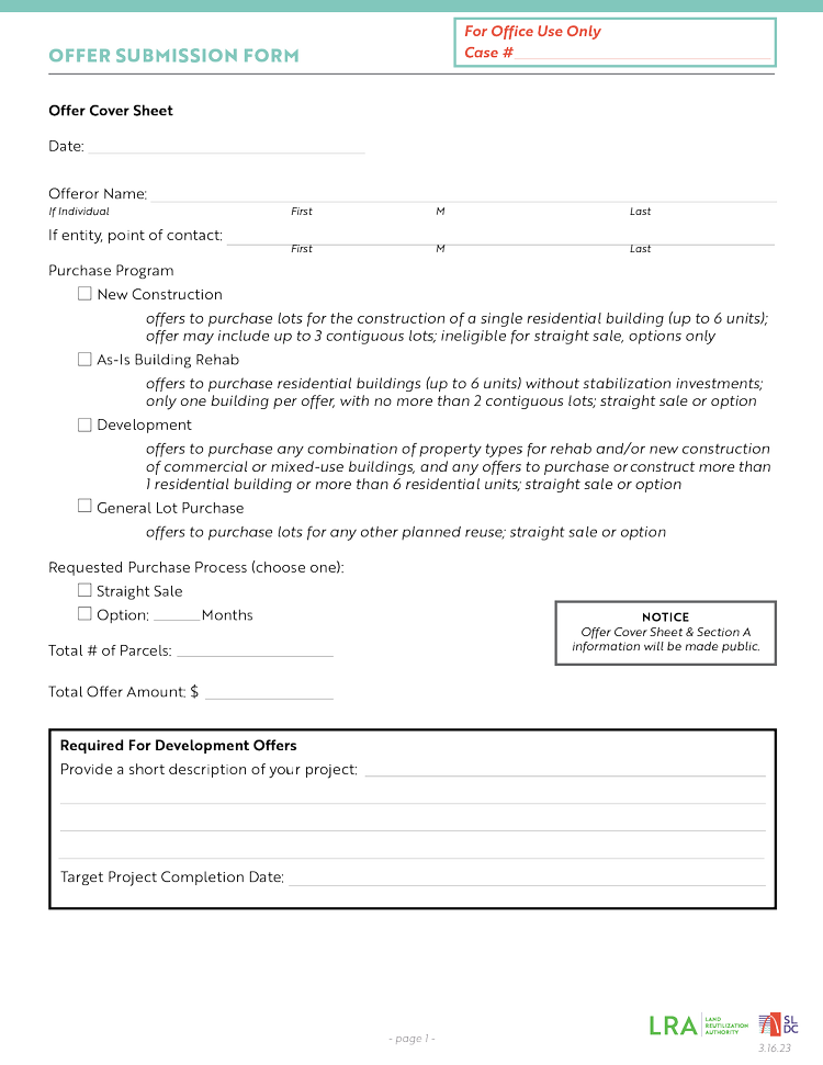 Offer to Purchase — LRA, Land Reutilization Authority