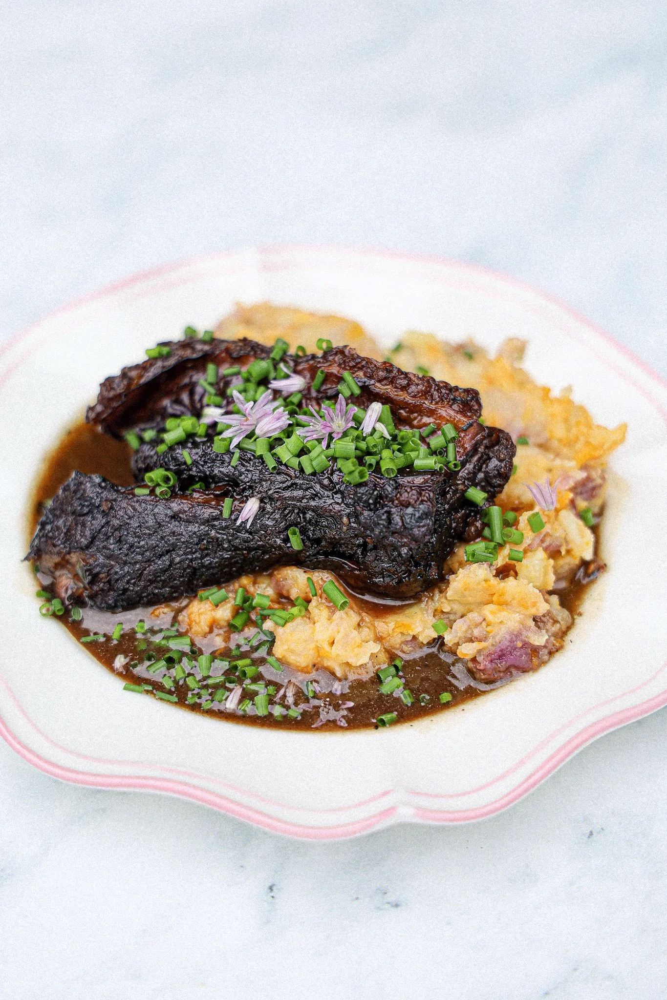 Red wine braised beef ribs, rainbow potato mash, chives — Jenny's Table