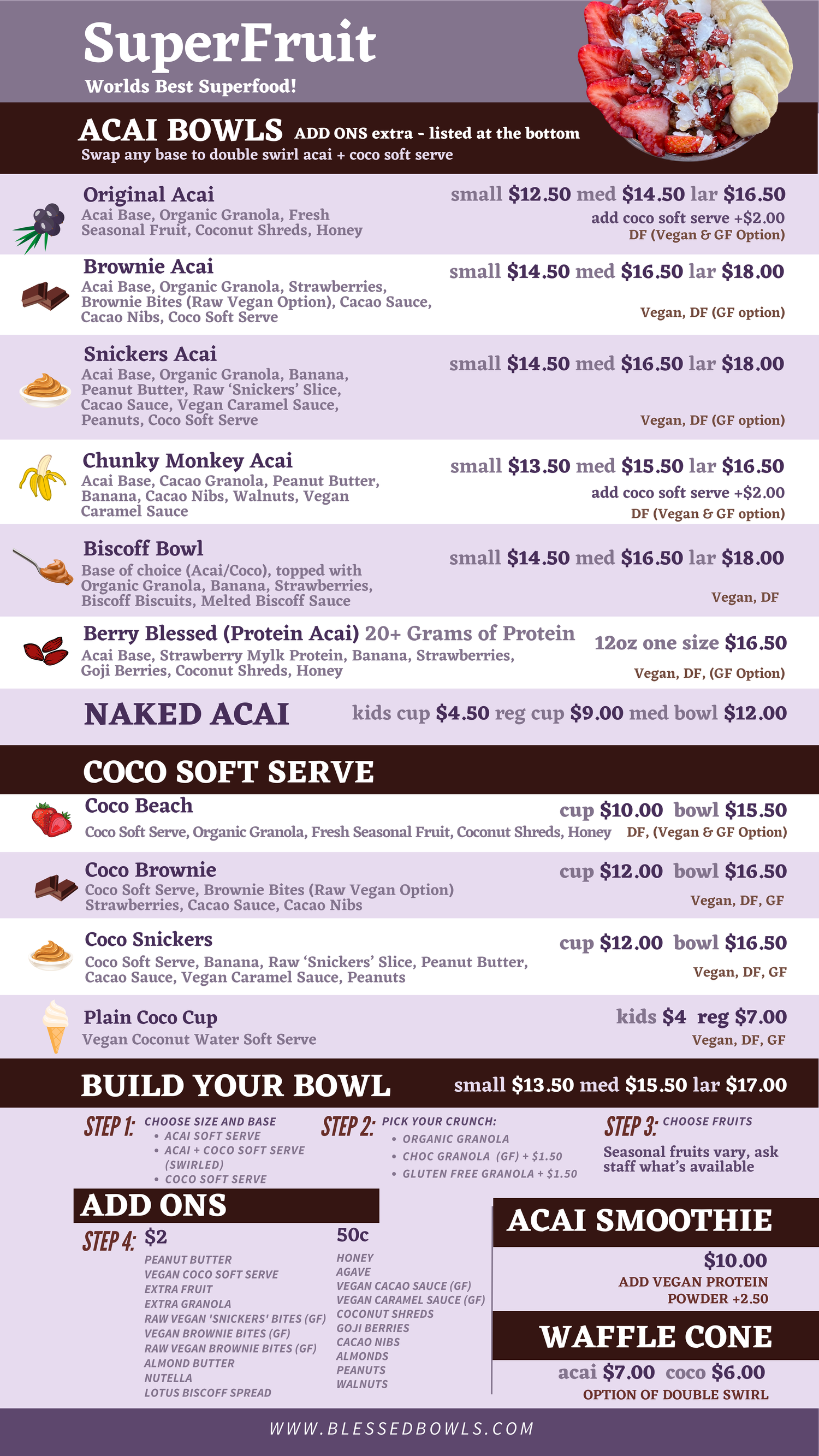 Blessed Bowls Acai and Coco Soft Serve Menu. — Blessed Bowls