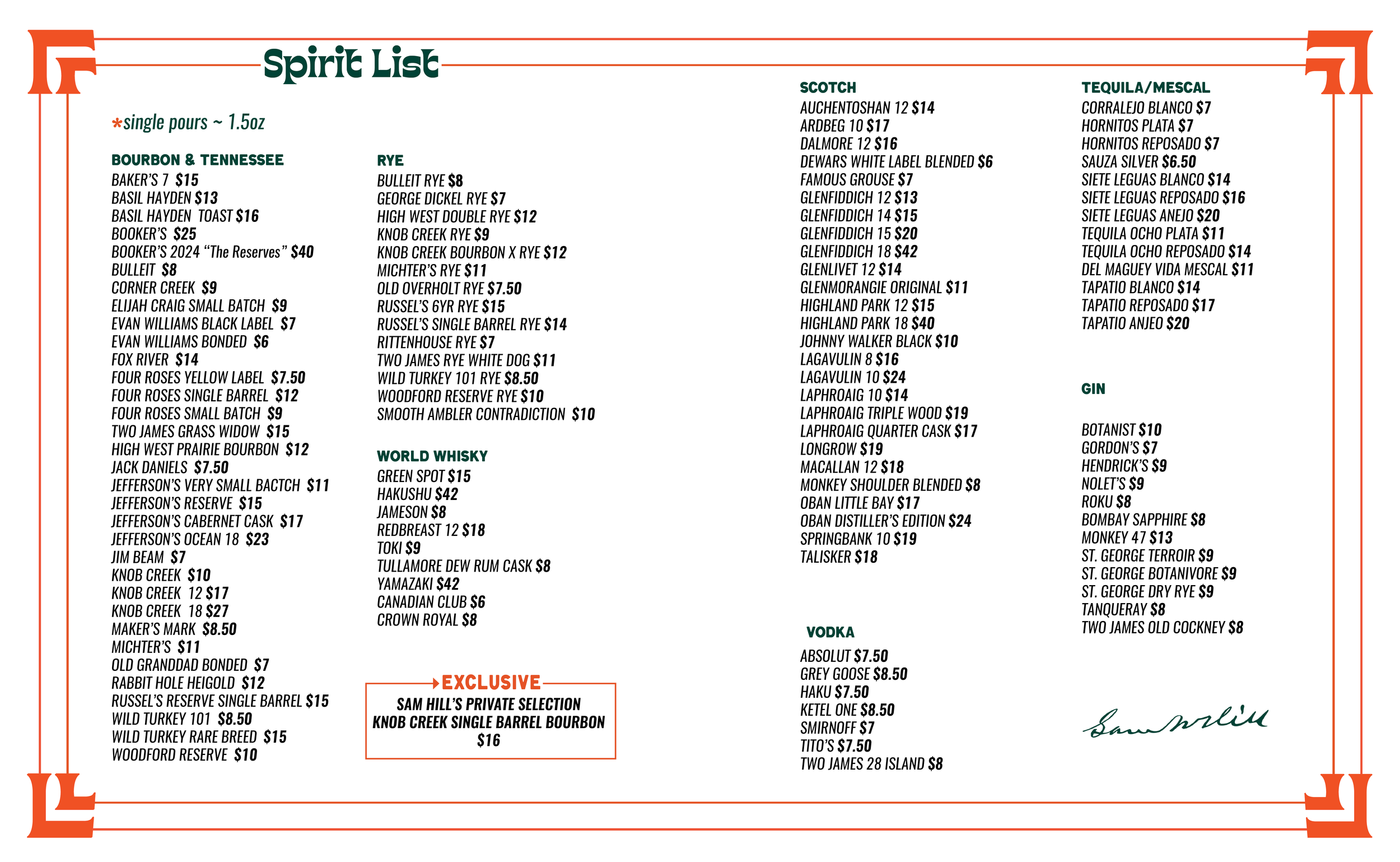 Spirit & Wine Bottle List — Sam Hill