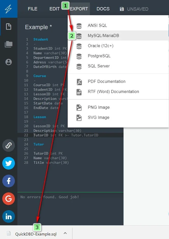 Designing and creating a MySQL database online using QuickDBD — QuickDatabaseDiagrams.com
