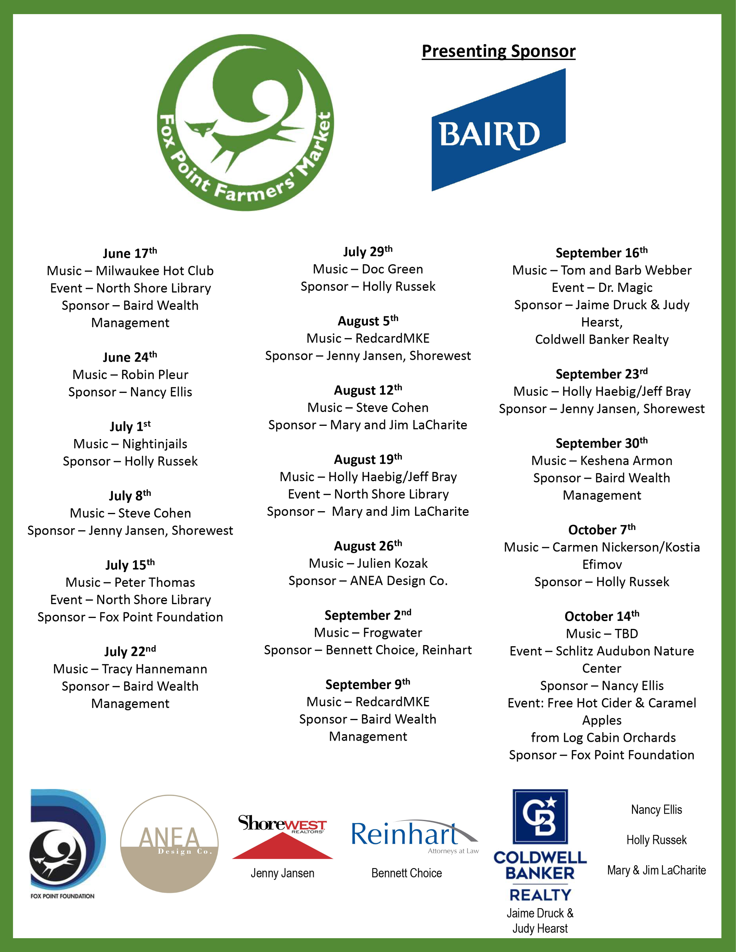 ENTERTAINMENT + SPONSORS — Fox Point Farmers' Market
