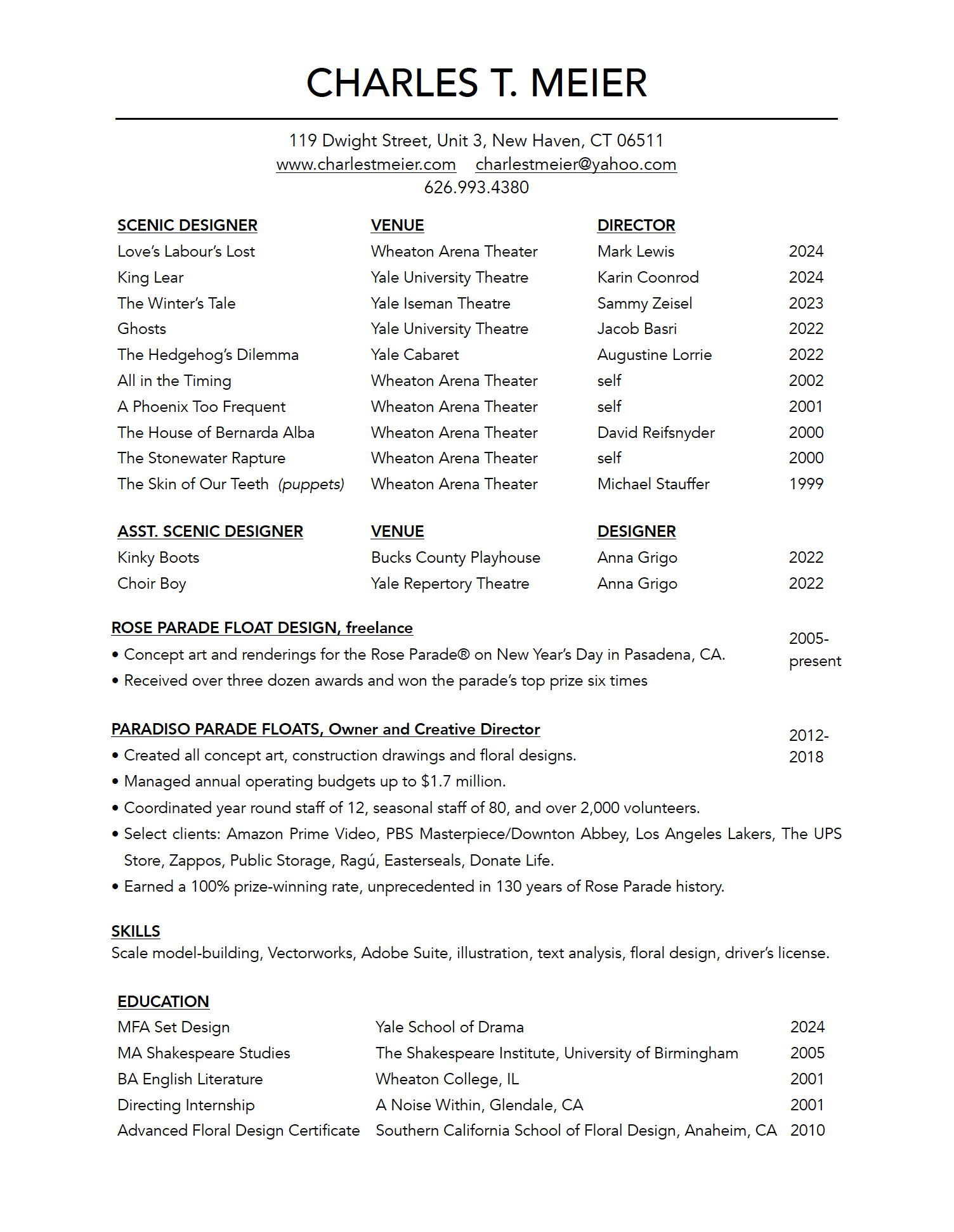 Résumé — Charles T. Meier - Scenic Design