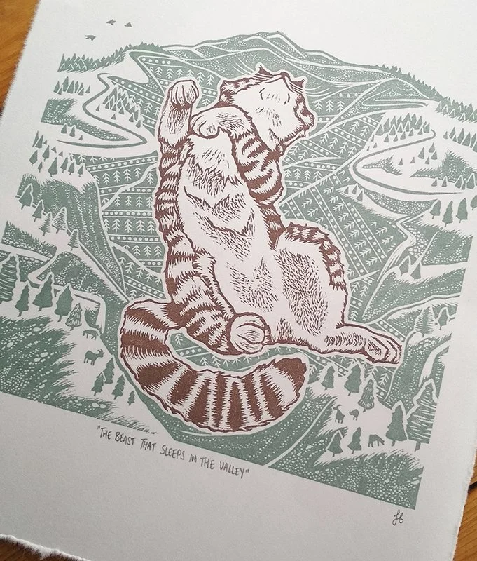 'The Beast that Sleeps in the Valley' Linocut — Frankie Brown